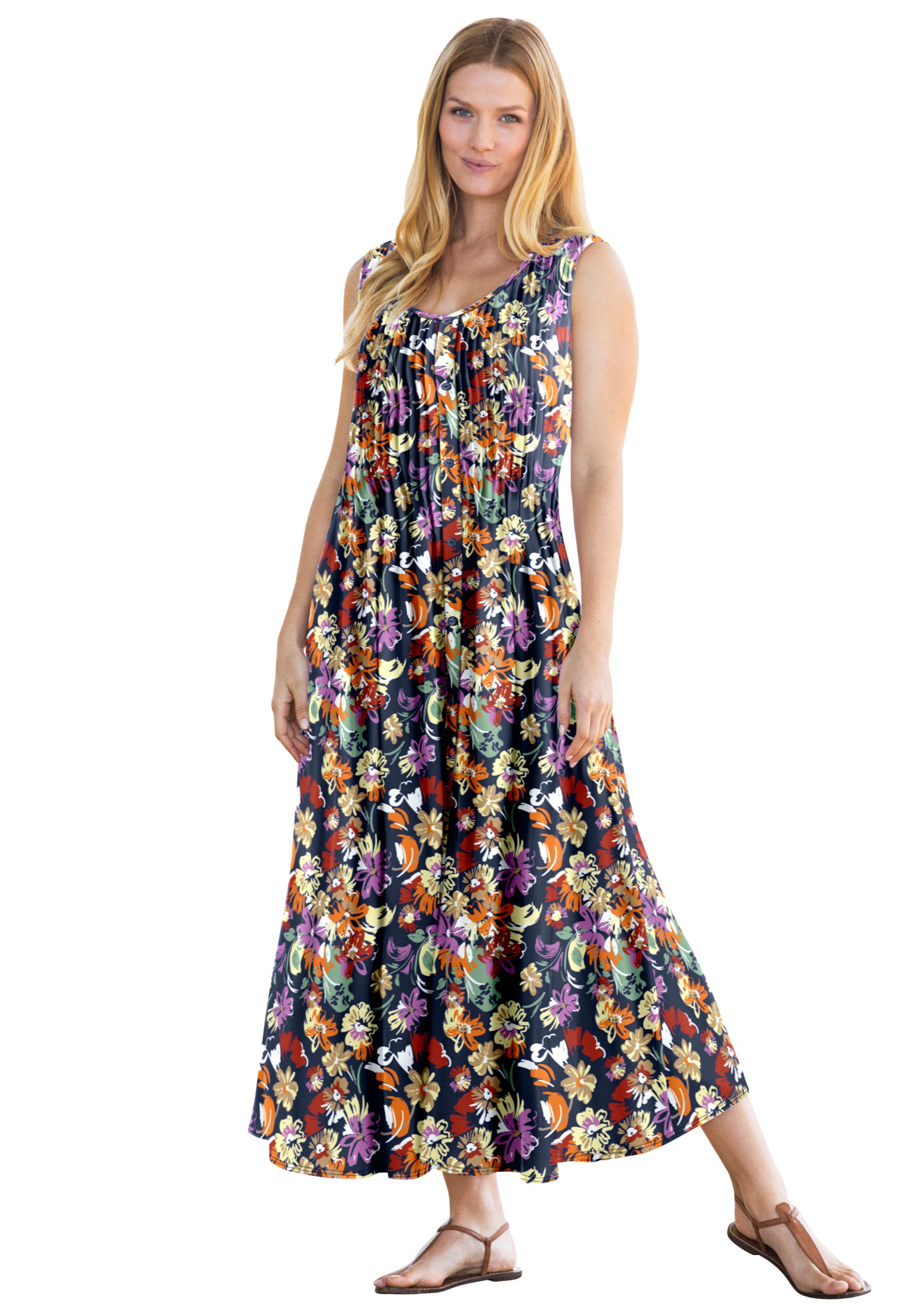 Woman Within Plus Size Pintucked Sleeveless Dress with Flared Skirt and ...
