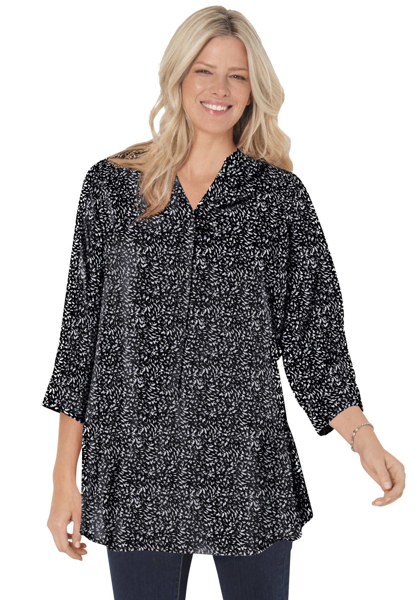 Woman Within Plus Size Rayon 7-Day Three-Quarter Sleeve Tab-Front Tunic ...