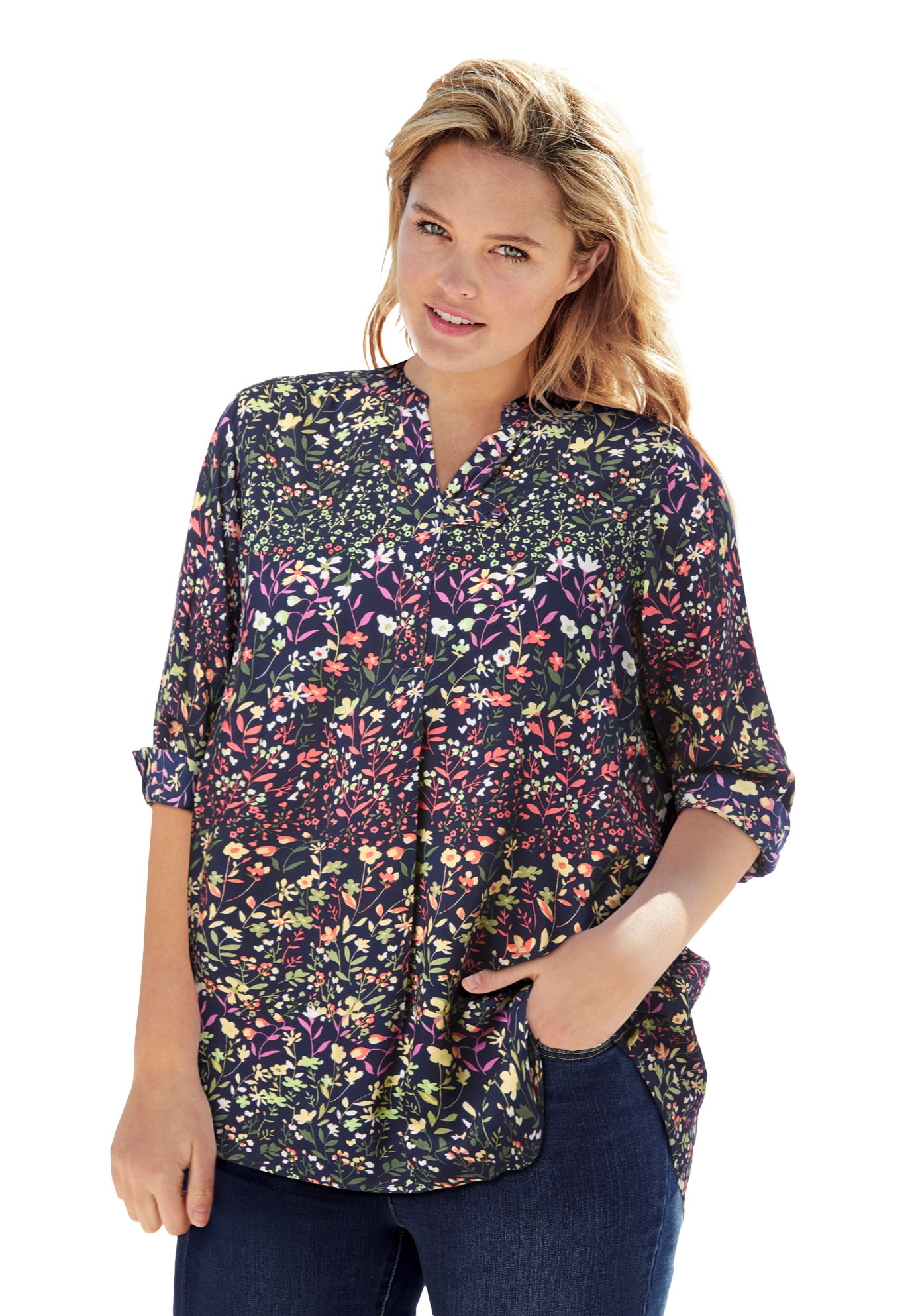 Woman Within Plus Size Rayon 7-Day Three-Quarter Sleeve Tab-Front Tunic ...