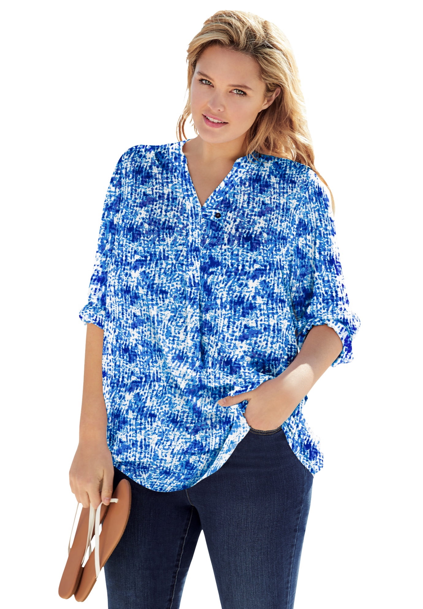 Woman Within Plus Size Rayon 7-Day Three-Quarter Sleeve Tab-Front Tunic ...