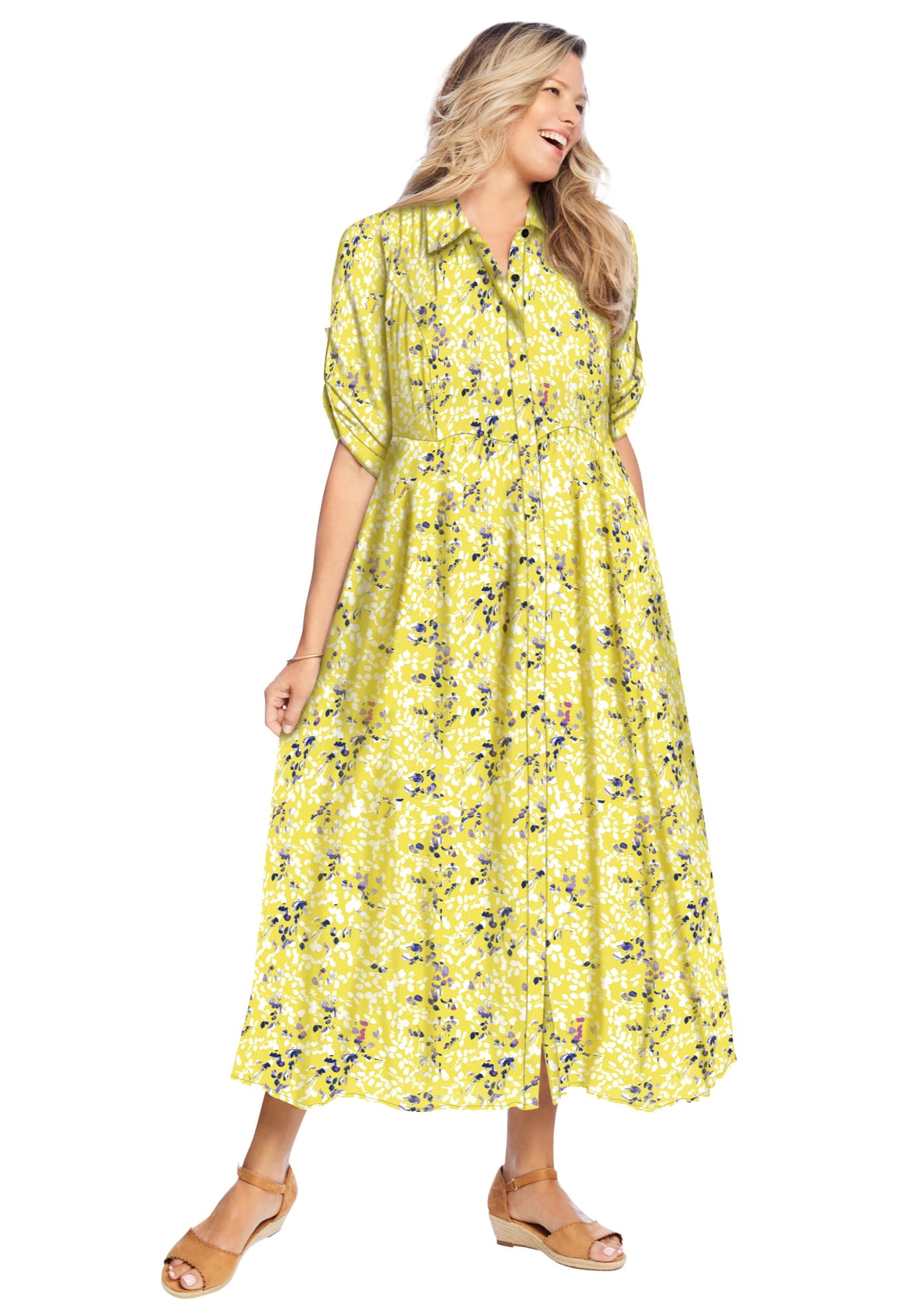 Woman Within Plus Size Roll-Tab Sleeve Crinkle Shirtdress - Walmart.com