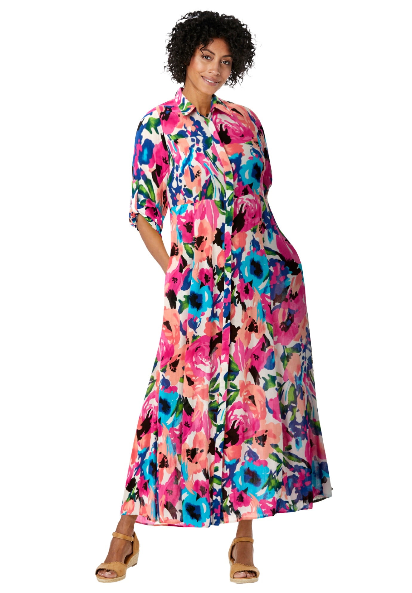 Woman Within Women's Plus Size Roll-Tab Sleeve Crinkle Shirtdress ...