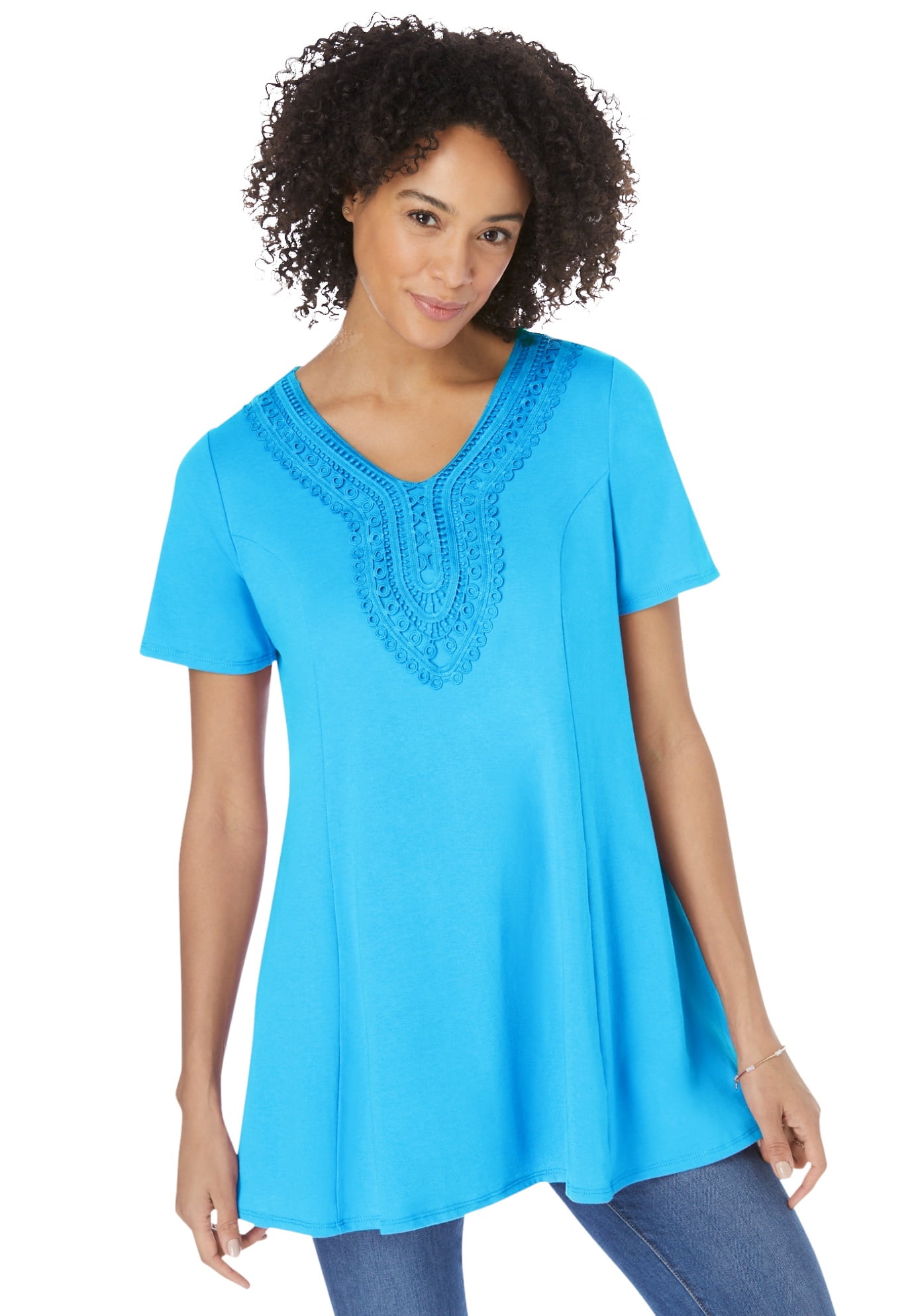 Woman Within Women's Plus Size Rounded V-Neck Crochet Tunic - Walmart.com