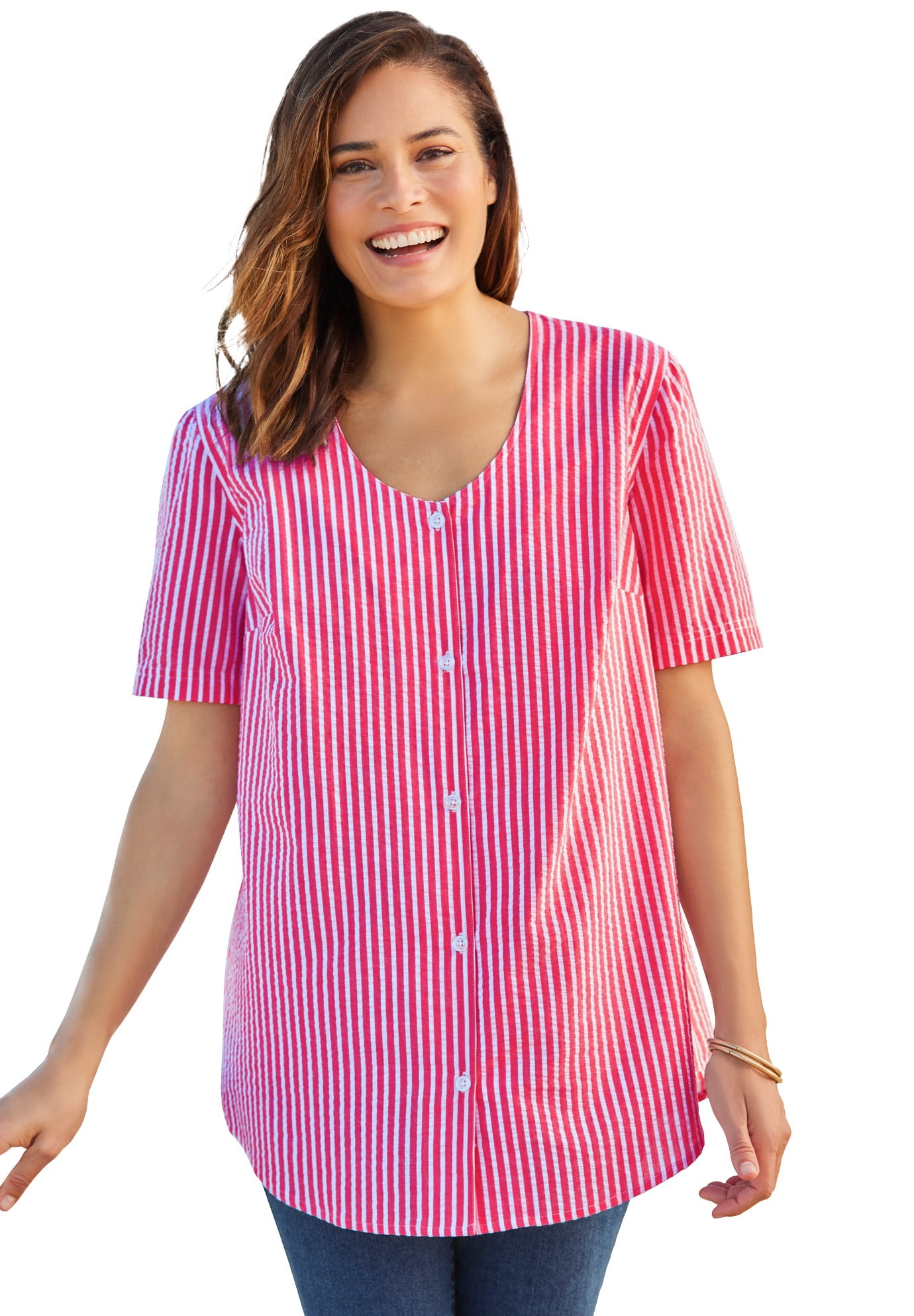Woman Within Women's Plus Size Seersucker Baseball Shirt - Walmart.com