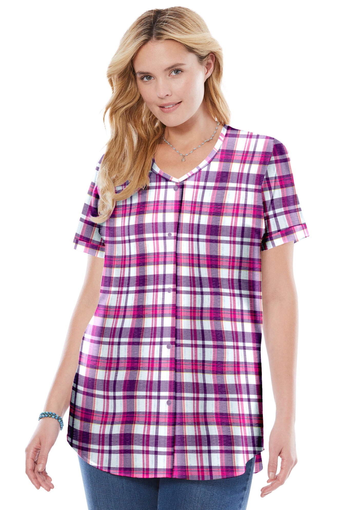 Woman Within Women's Plus Size Seersucker Baseball Shirt - Walmart.com