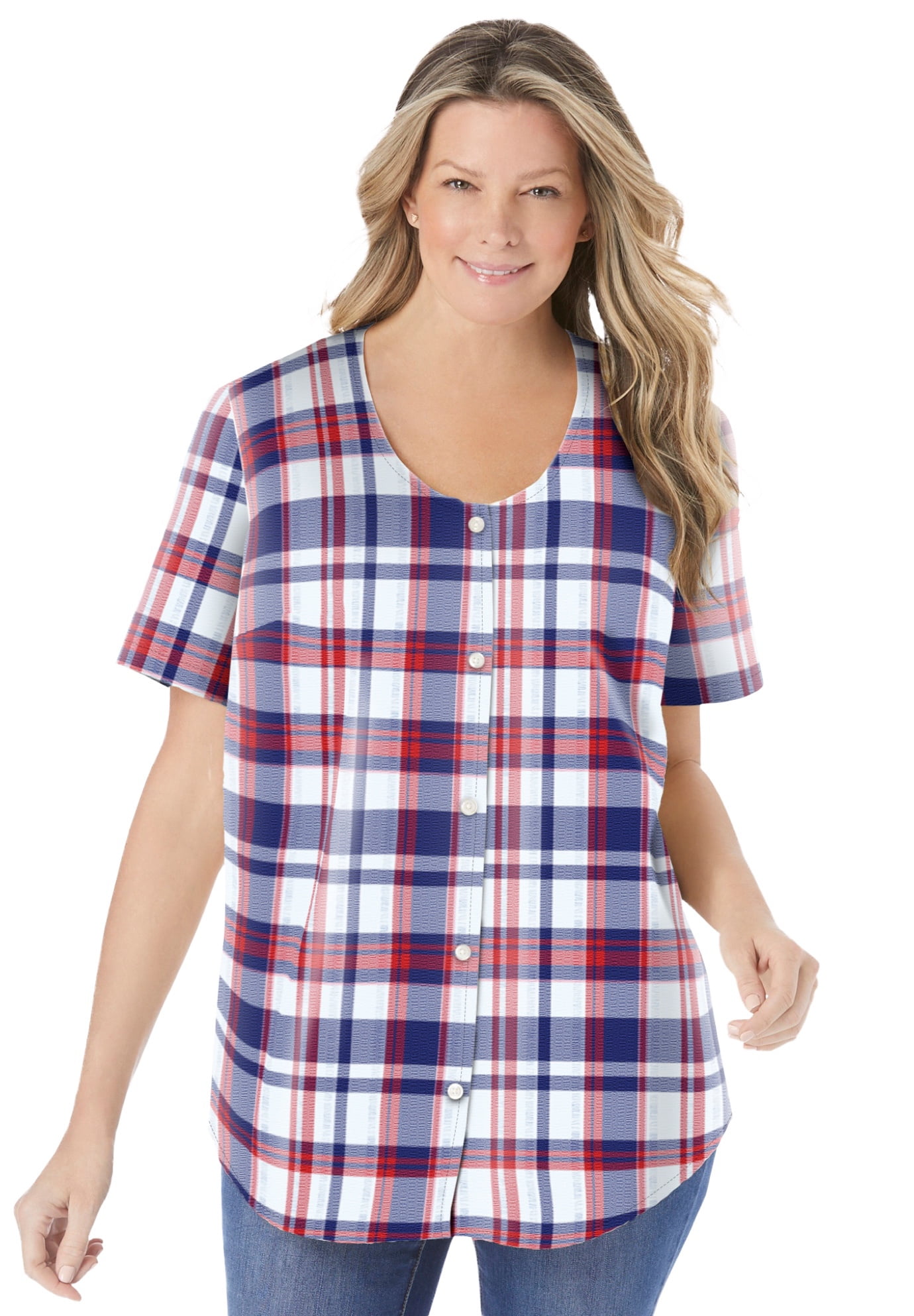 Woman Within Plus Size Seersucker Baseball Shirt - Walmart.com