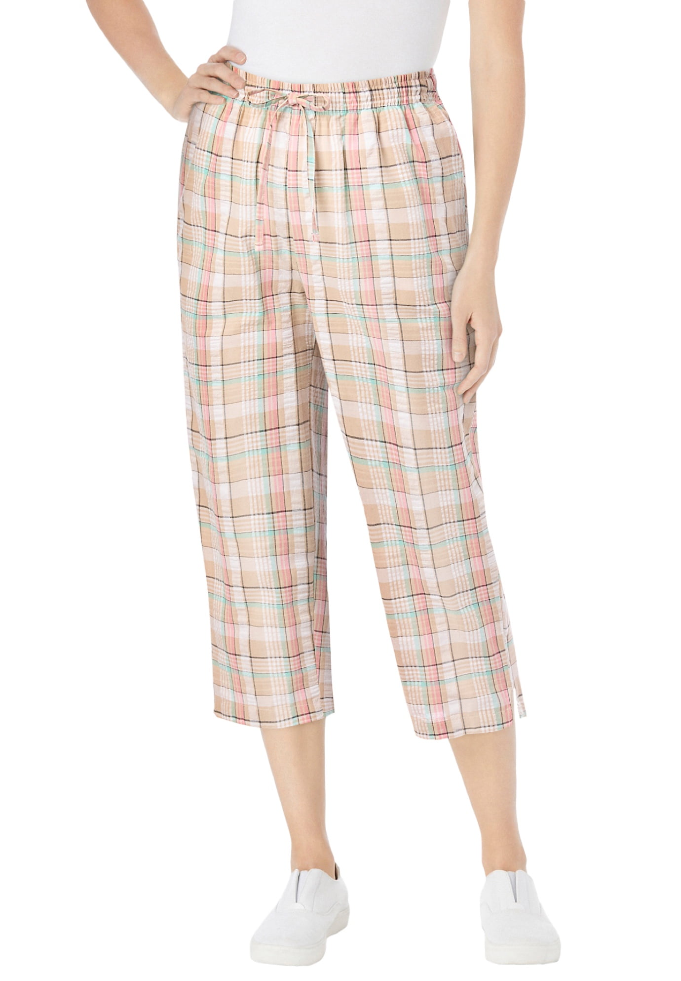 Woman Within Plus Size Seersucker Pull-On Elastic-Waist Capri Pants ...