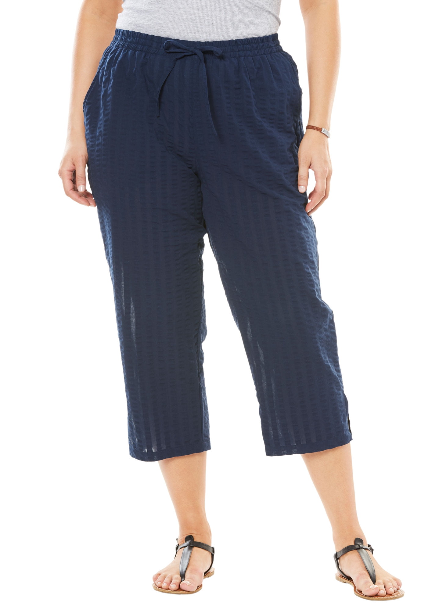 Woman Within Plus Size Seersucker Pull-On Elastic-Waist Capri Pants ...