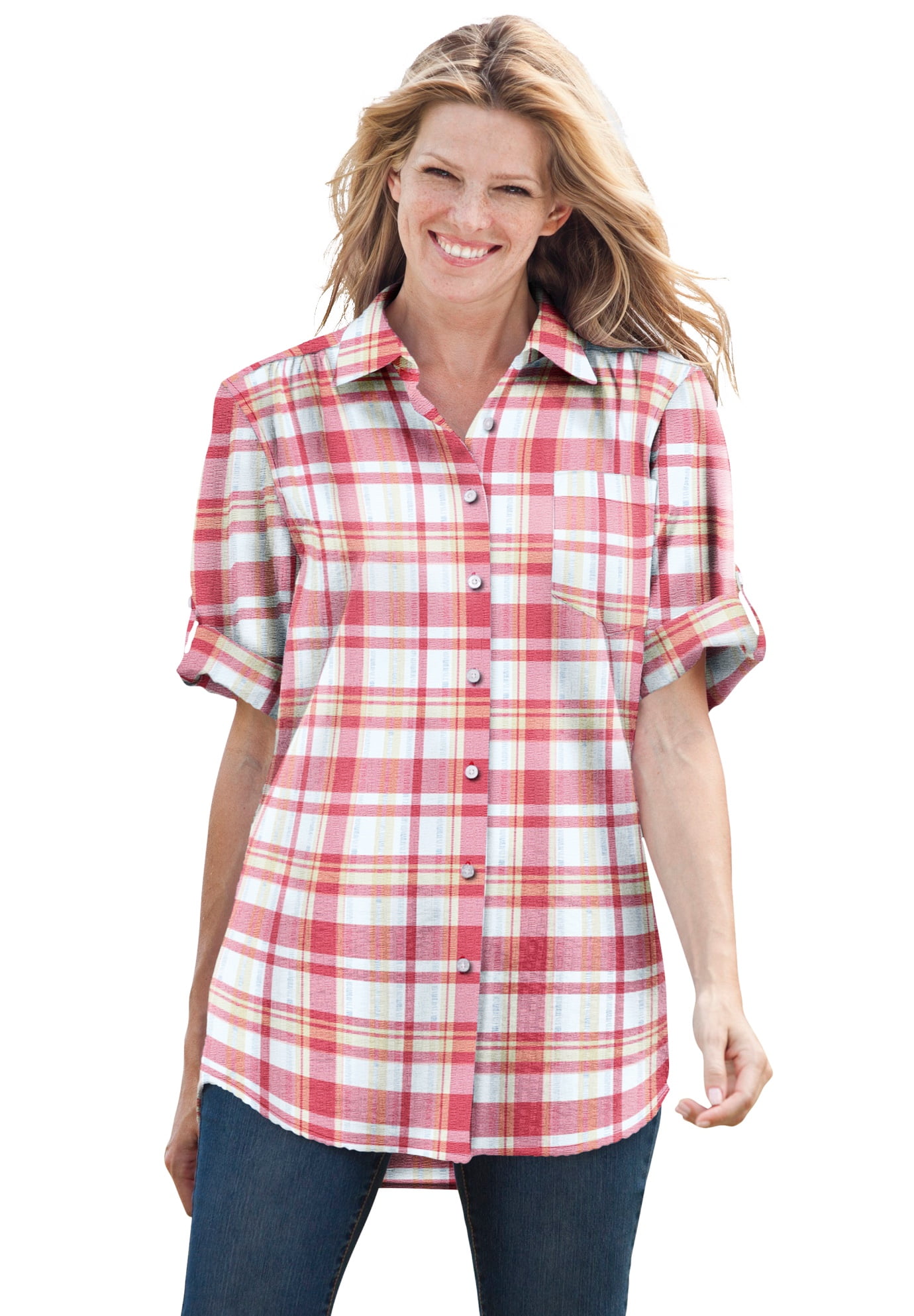 Woman Within Plus Size Short-Sleeve Button Down Seersucker Shirt ...