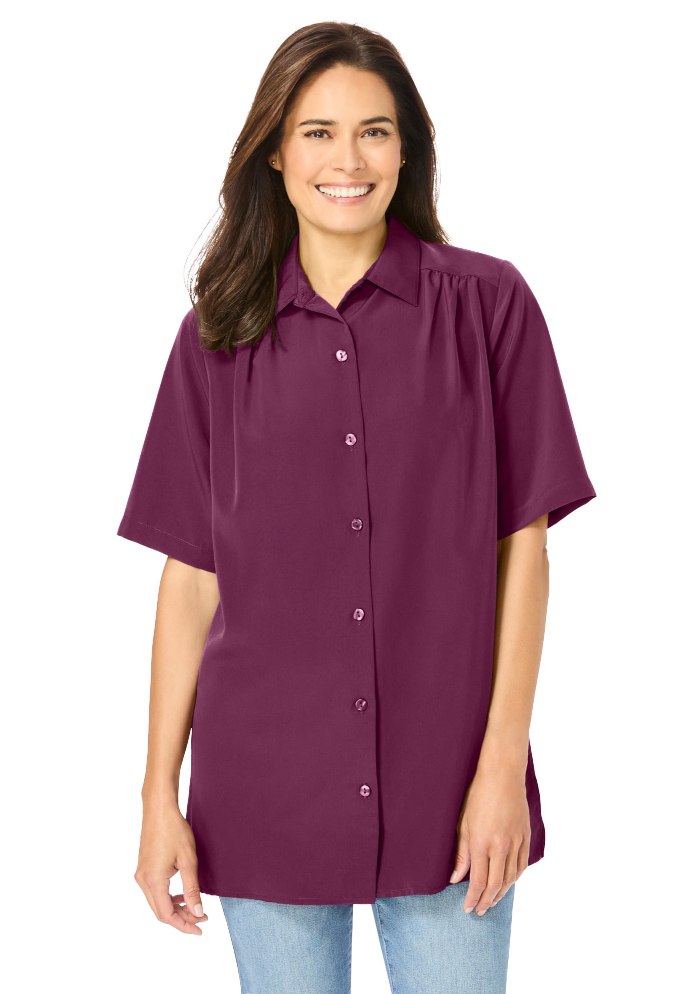 Woman Within Plus Size No Iron Short Sleeve Peachskin Shirt - Walmart.com