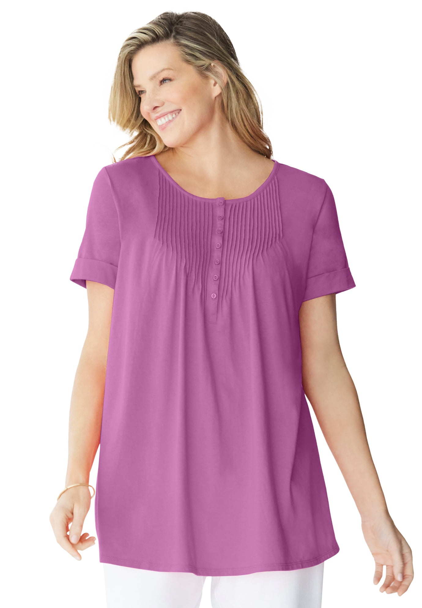 Woman Within Women's Plus Size Short-Sleeve Pintucked Henley Tunic ...