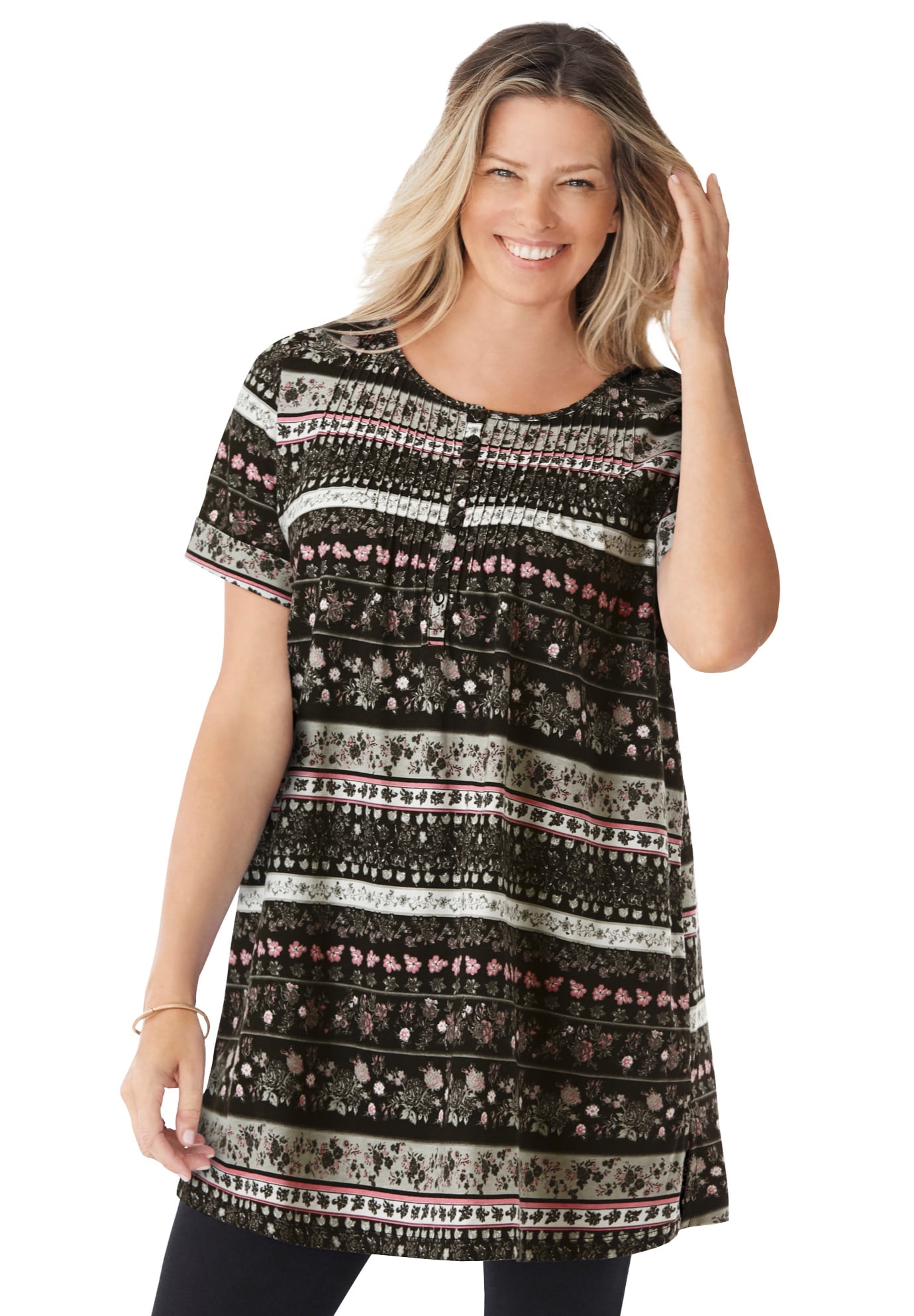 Woman Within Women's Plus Size Short-Sleeve Pintucked Henley Tunic ...