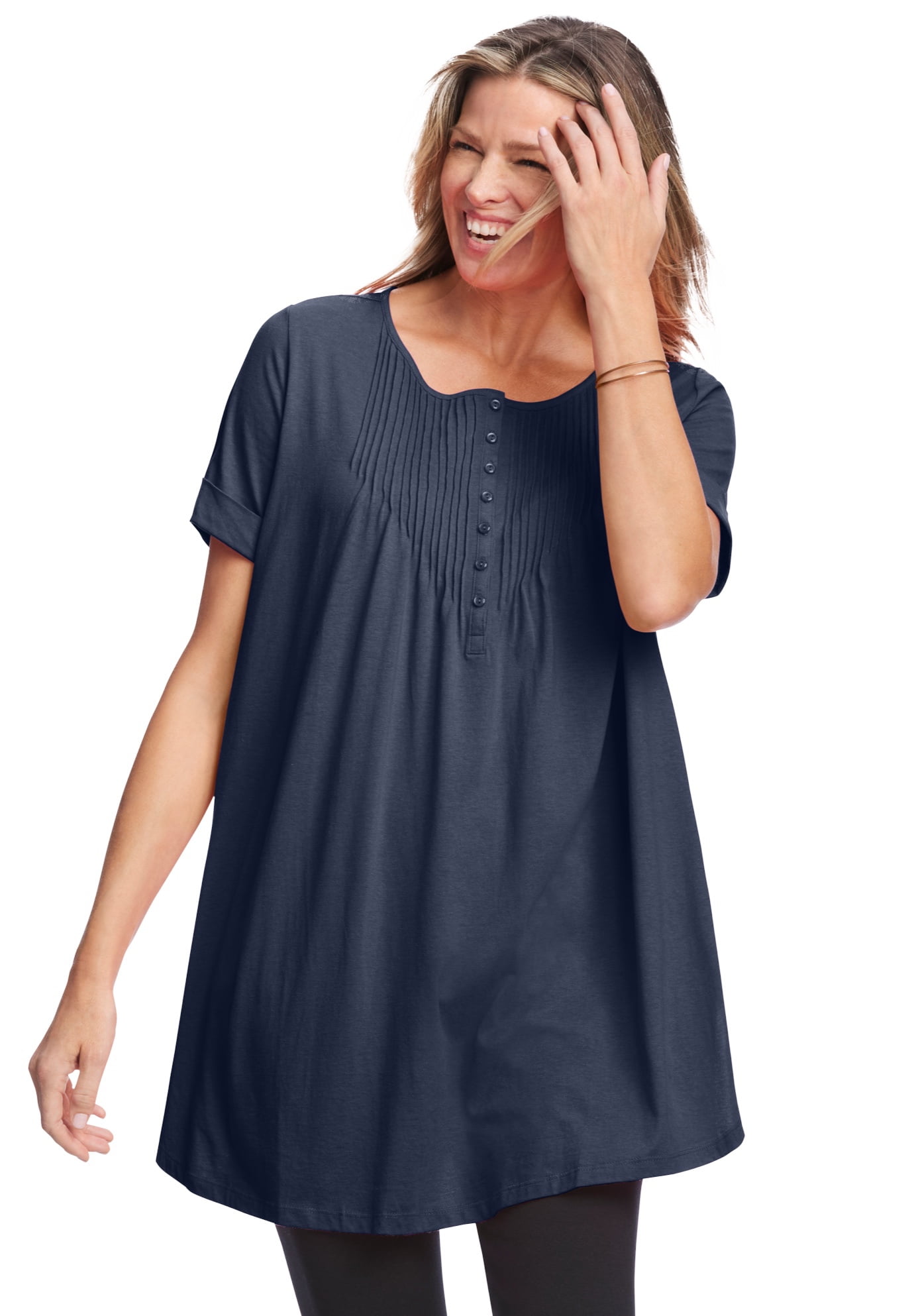 Woman Within Women's Plus Size Short-Sleeve Pintucked Henley Tunic ...