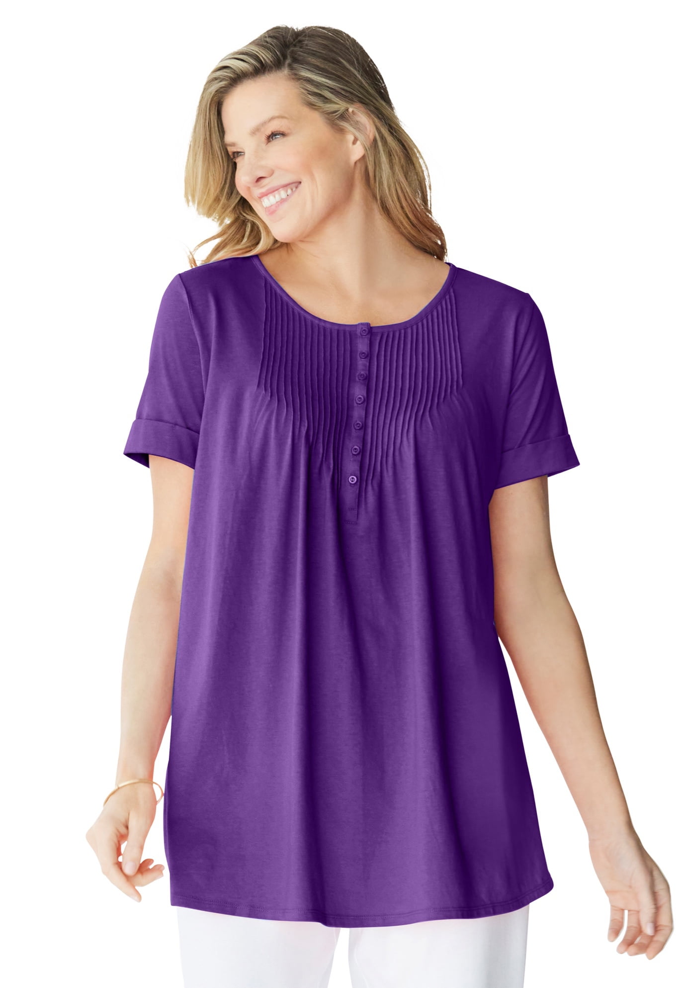 Woman Within Plus Size Short-Sleeve Pintucked Henley Tunic - Walmart.com