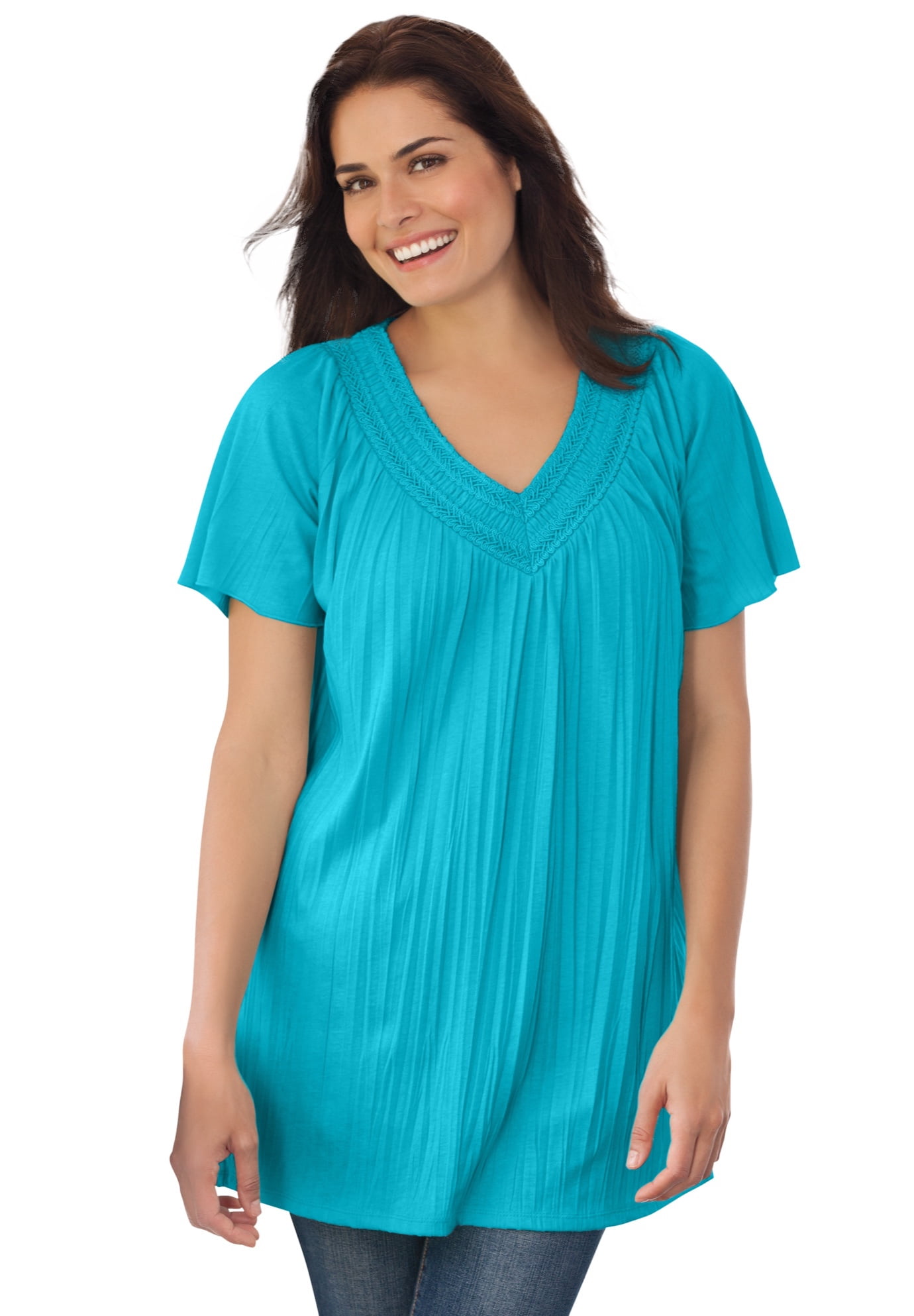 Woman Within Women's Plus Size Short-Sleeve V-Neck Crinkle Tunic ...