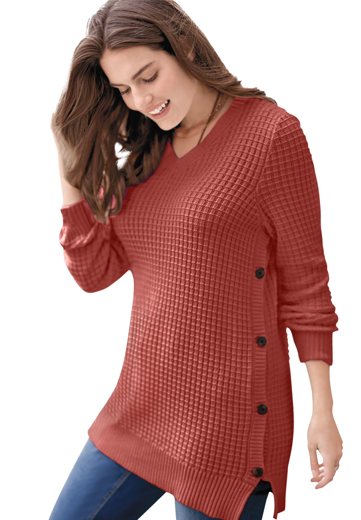 Woman Within Women's Plus Size Side Button V-Neck Waffle Knit Sweater ...