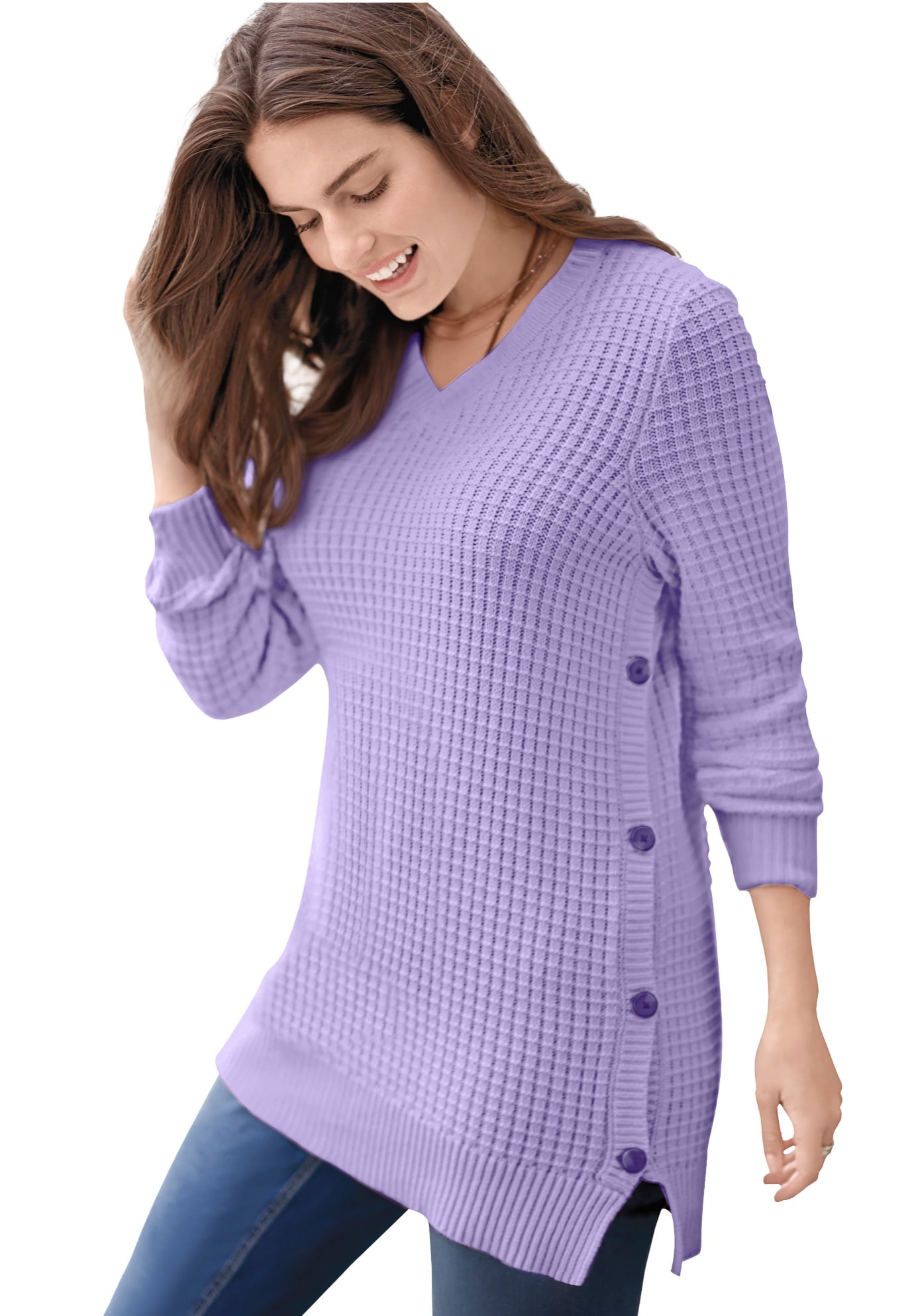 Woman Within Plus Size Side Button V-Neck Waffle Knit Sweater - Walmart.com