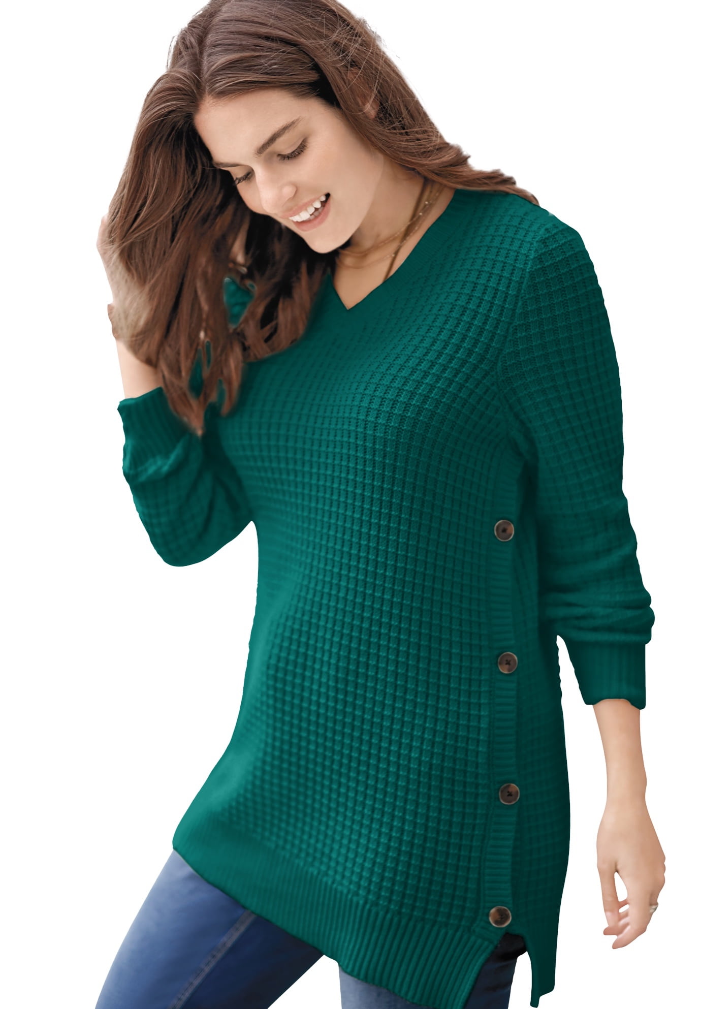 Woman Within Plus Size Side Button V-Neck Waffle Knit Sweater - Walmart.com
