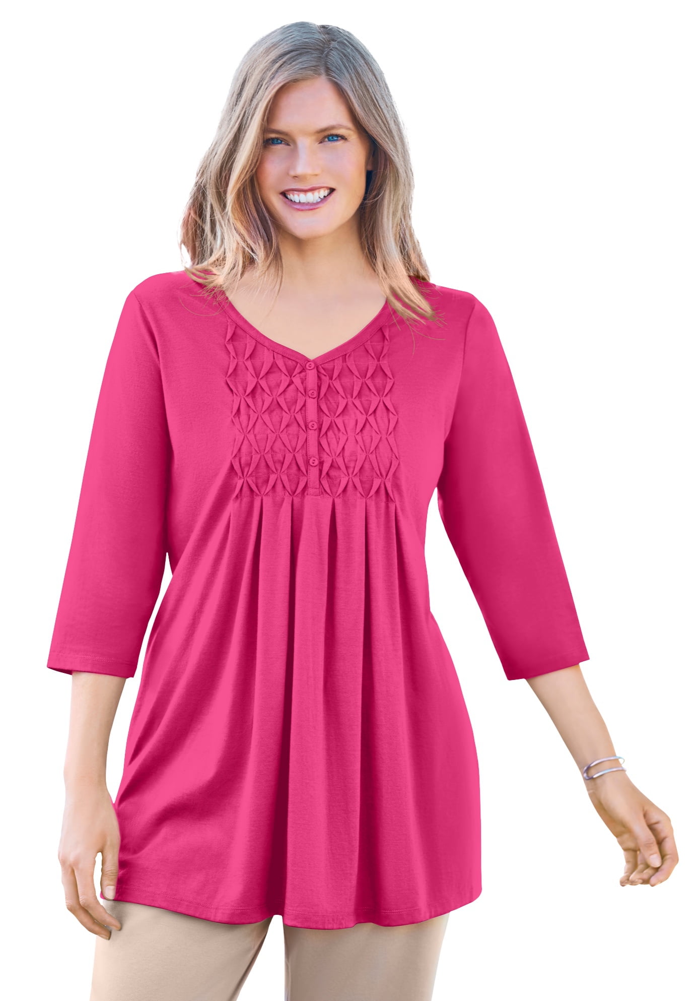 Woman Within Women's Plus Size Smocked Henley Trapeze Tunic - Walmart.com