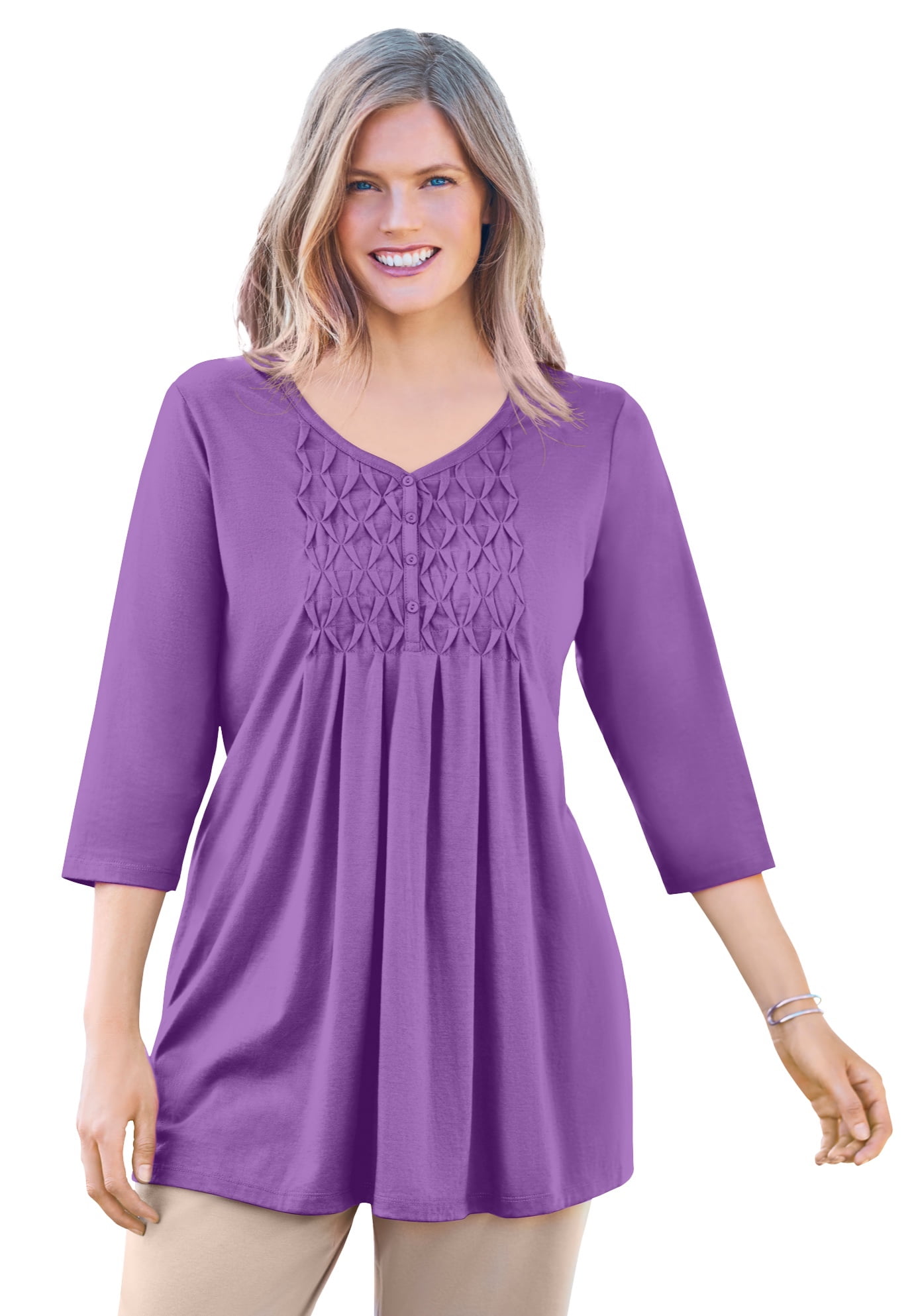 Woman Within Women's Plus Size Smocked Henley Trapeze Tunic - Walmart.com