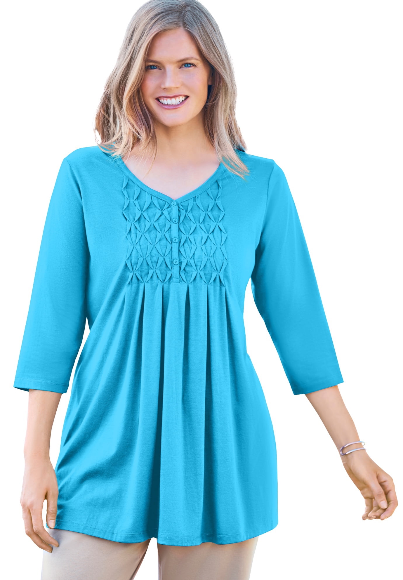 Woman Within Plus Size Smocked Henley Trapeze Tunic - Walmart.com