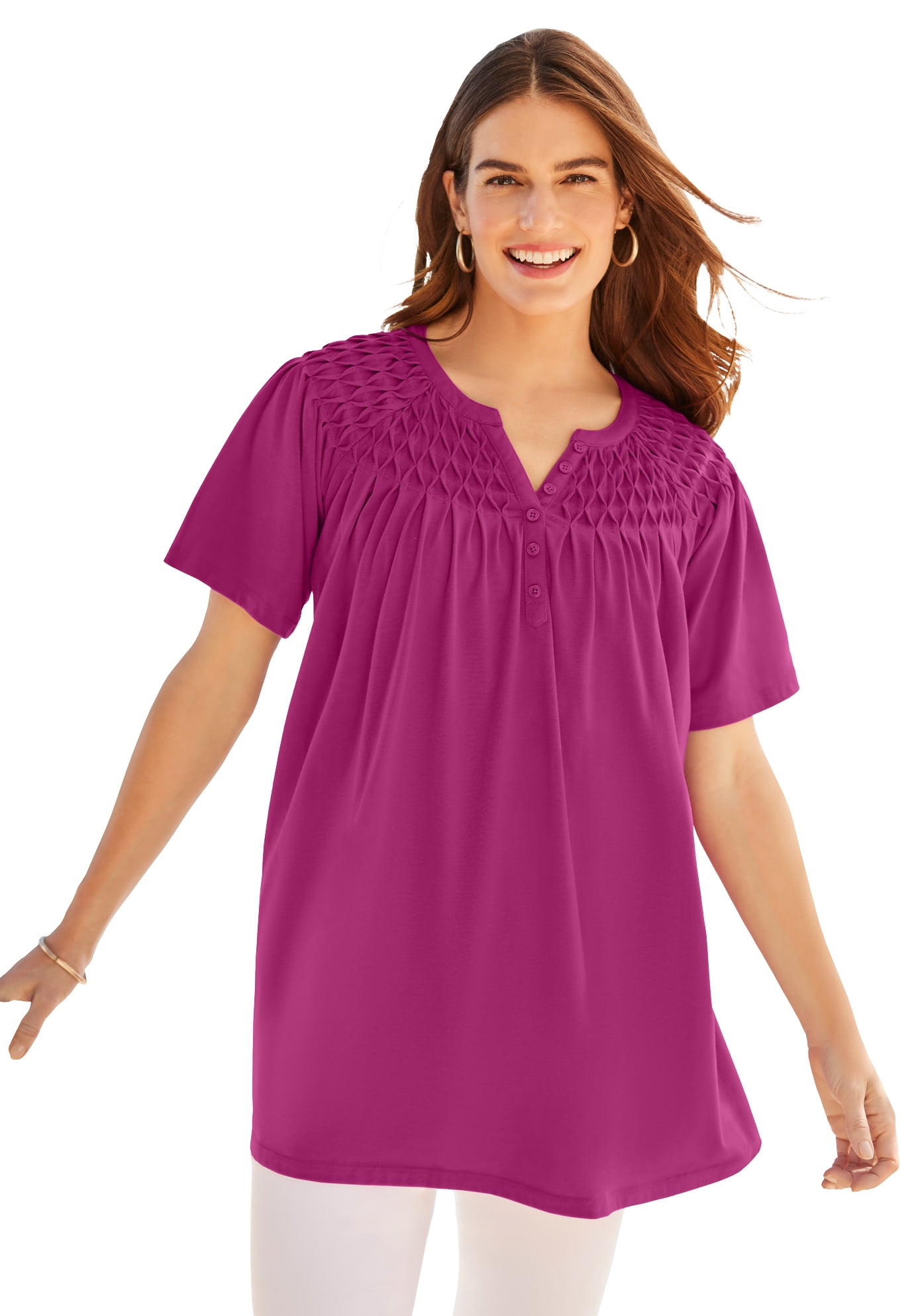 Woman Within Plus Size Smocked Split Neck Tunic - Walmart.com