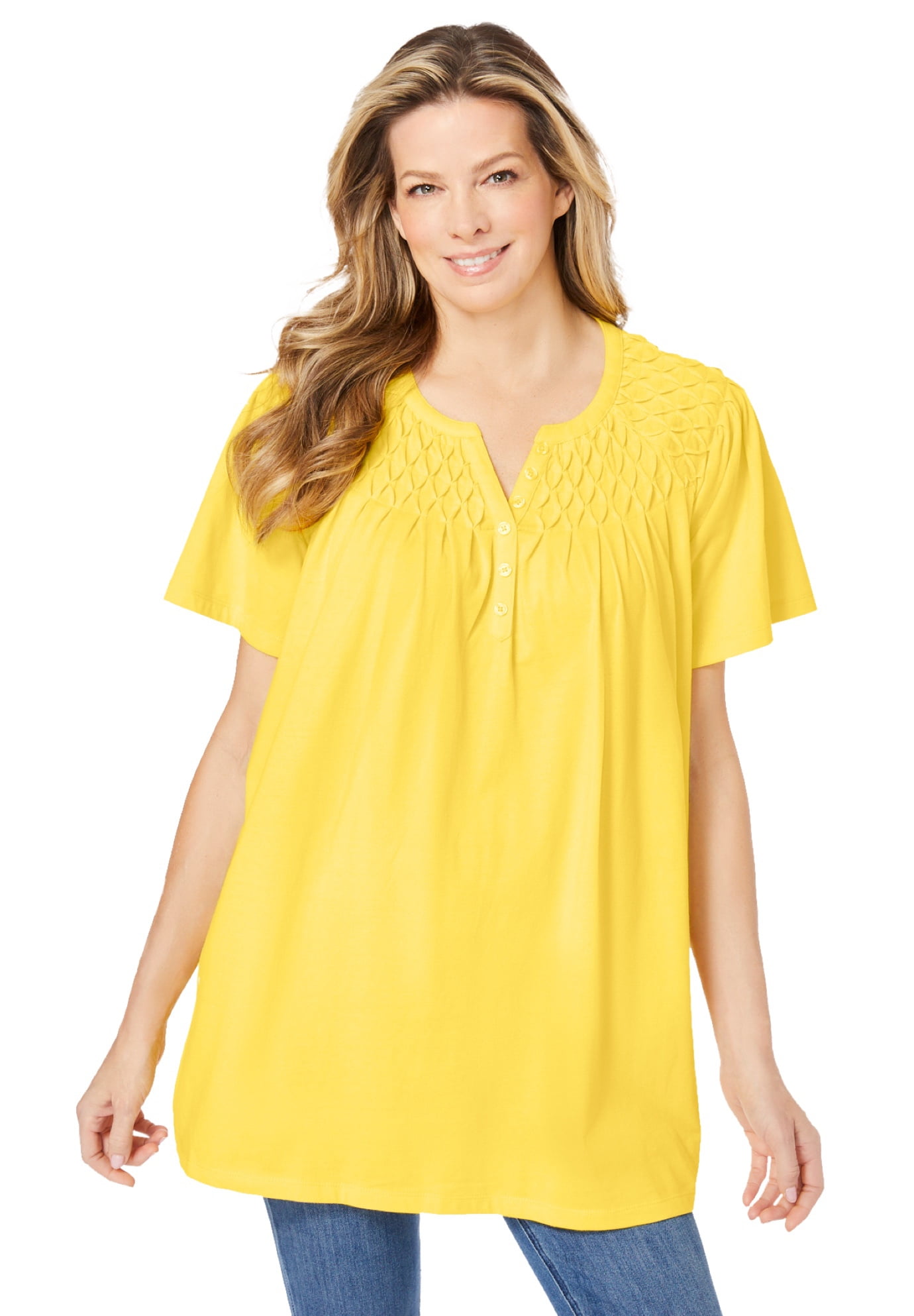 Woman Within Plus Size Smocked Split Neck Tunic - Walmart.com