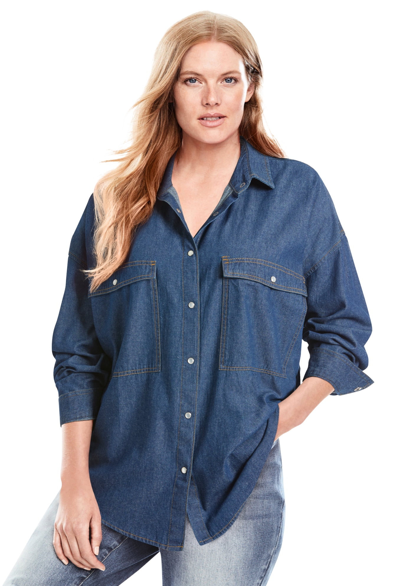 Woman Within Plus Size Snap Front 4-Pocket Denim Big Shirt - Walmart.com