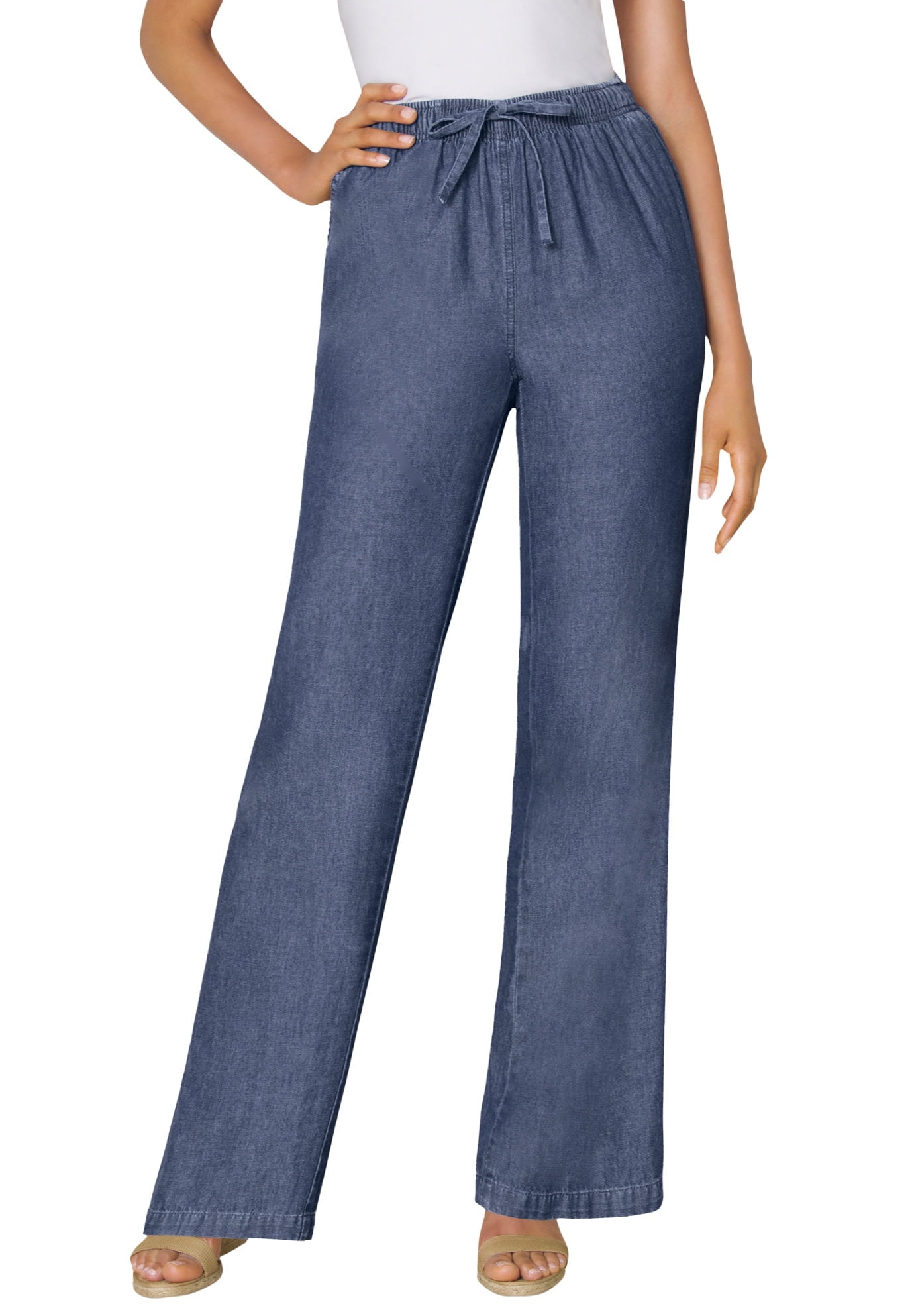 Woman Within Womens Plus Size Tall Drawstring Denim Wide Leg Pant