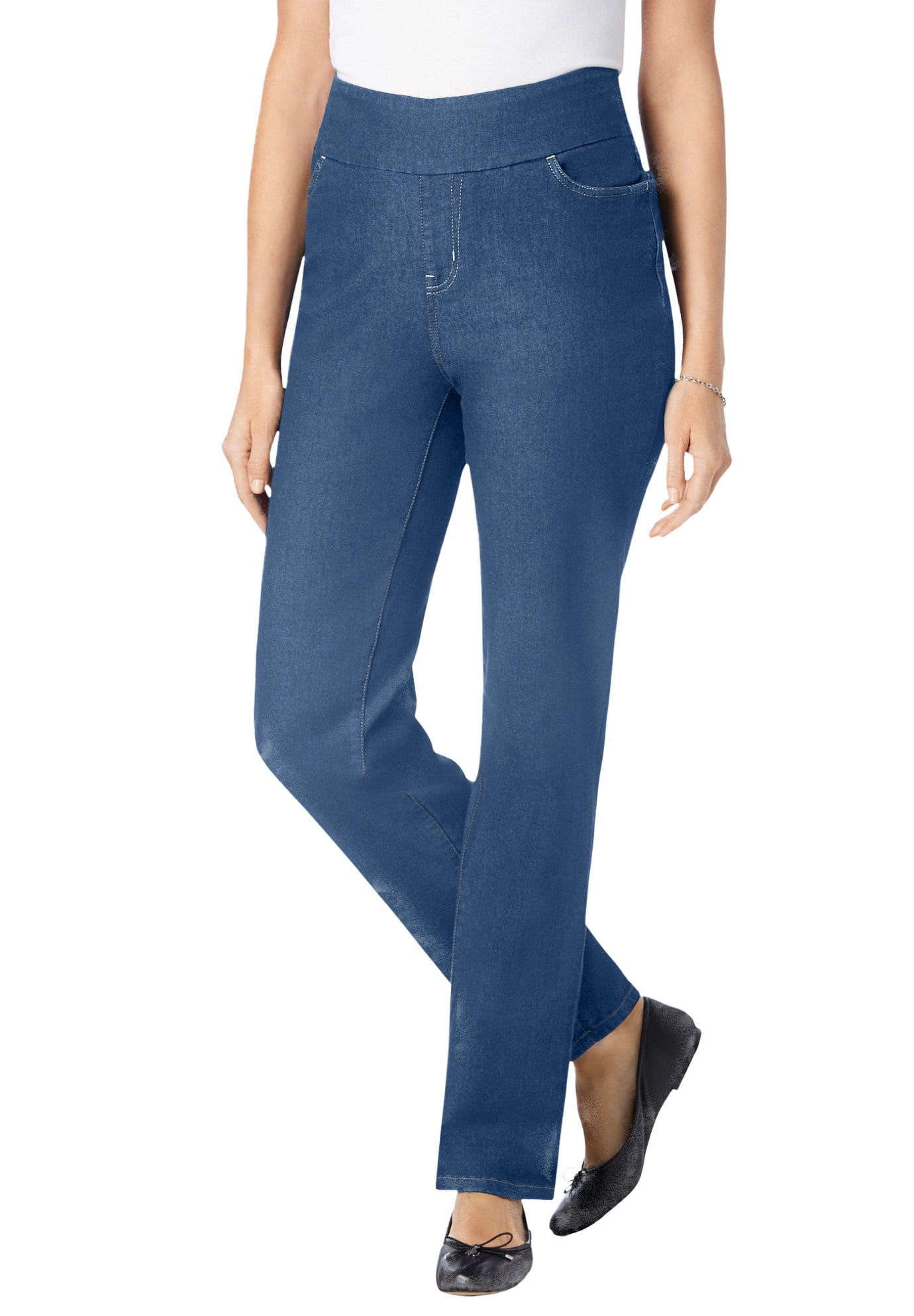 Woman Within Women's Plus Size Tall Flex-Fit Pull-On Straight-Leg Denim ...