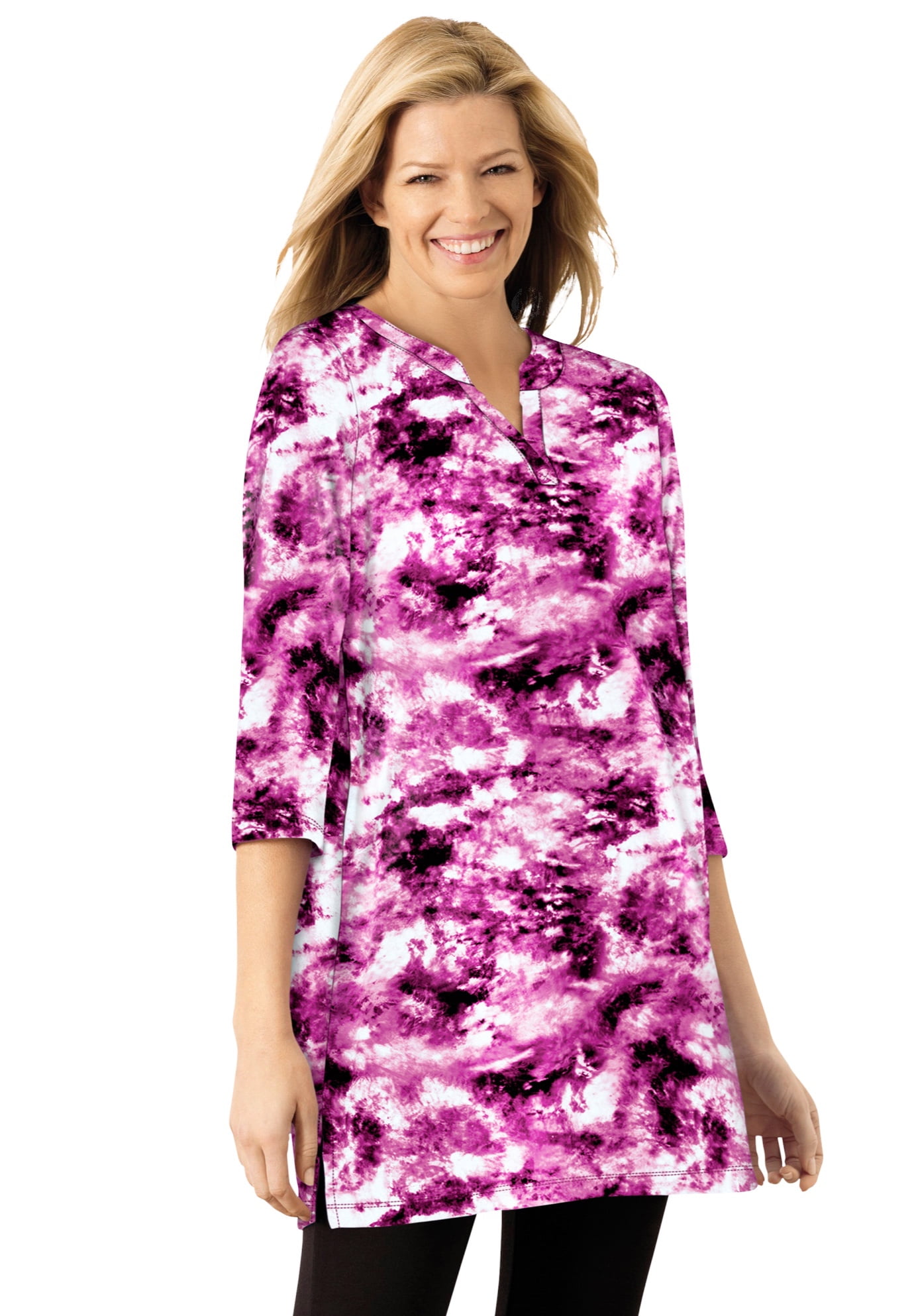 Woman Within Plus Size Three-Quarter Sleeve Notch-Neck Tunic - Walmart.com