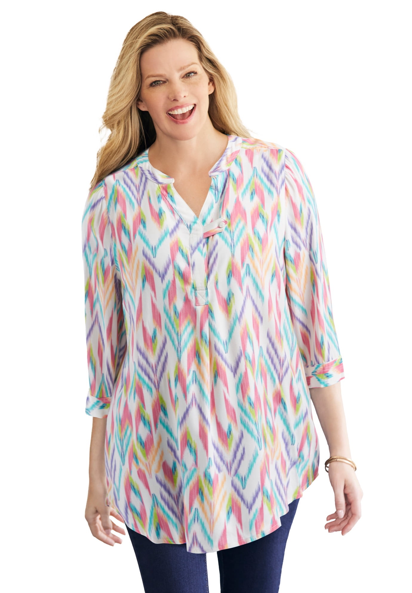 Woman Within Women's Plus Size 7-Day Three-Quarter Sleeve Tab-Front ...