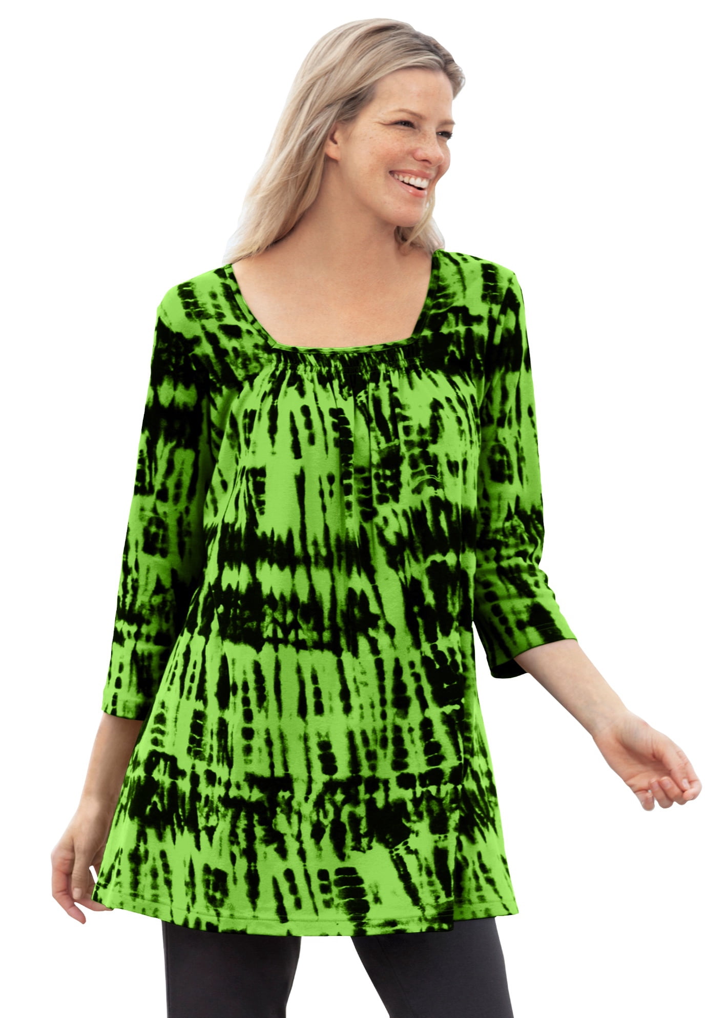 Woman Within Women's Plus Size Tie-Dye Smocked Square-Neck Tunic ...