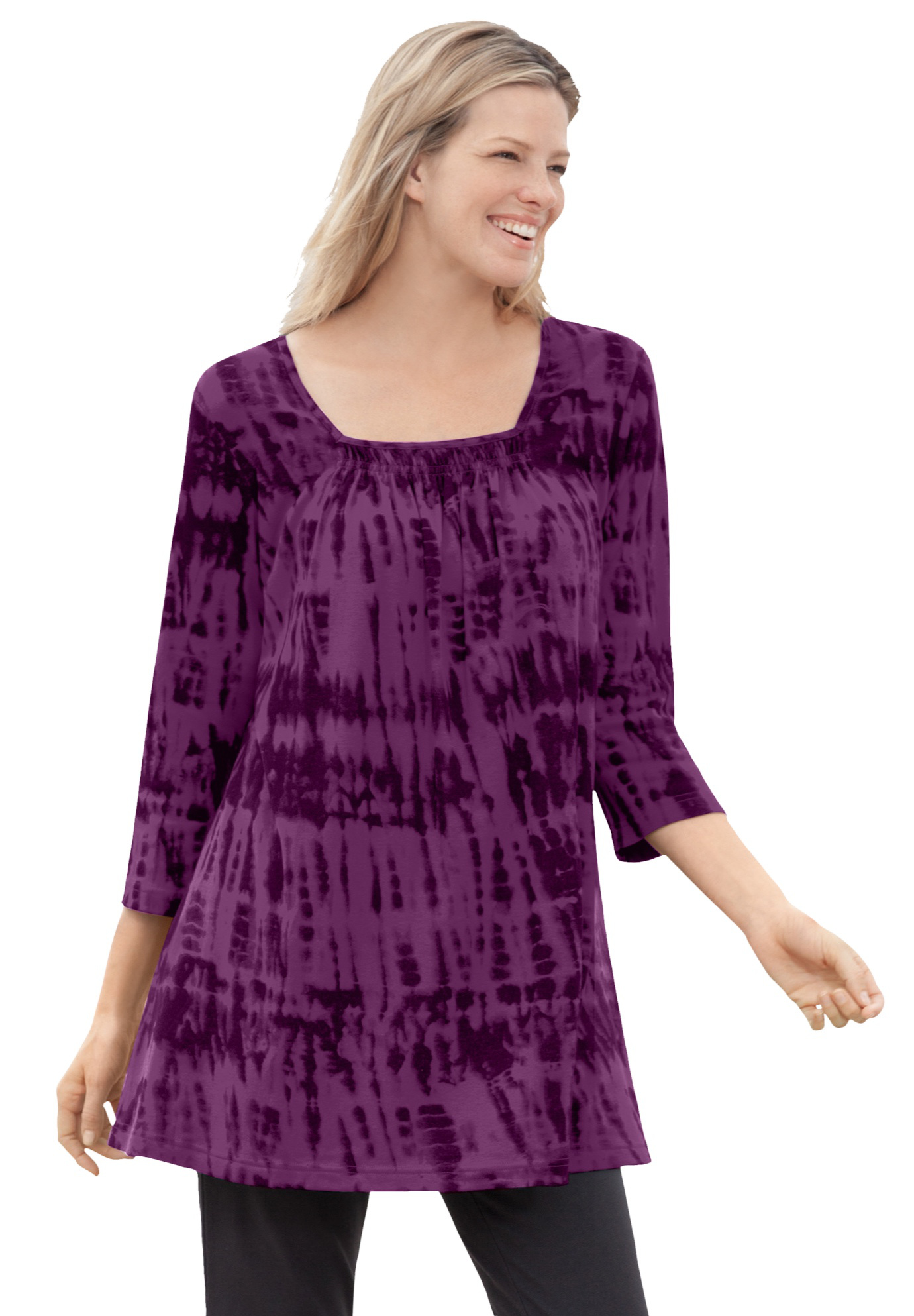 Woman Within Women's Plus Size Tie-Dye Smocked Square-Neck Tunic ...
