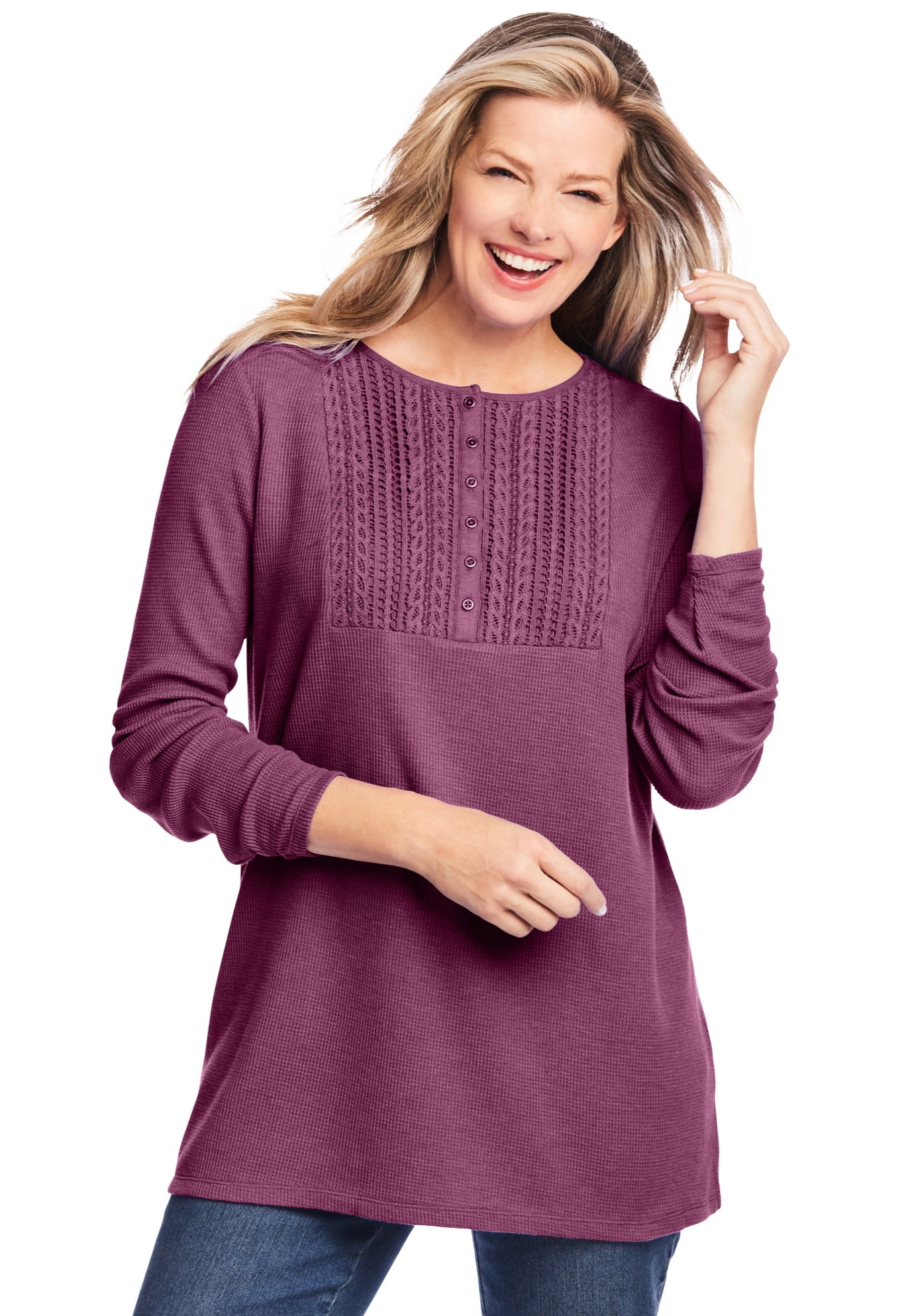 Woman Within Plus Size Waffle Thermal Lace Bib Henley Tee - Walmart.com