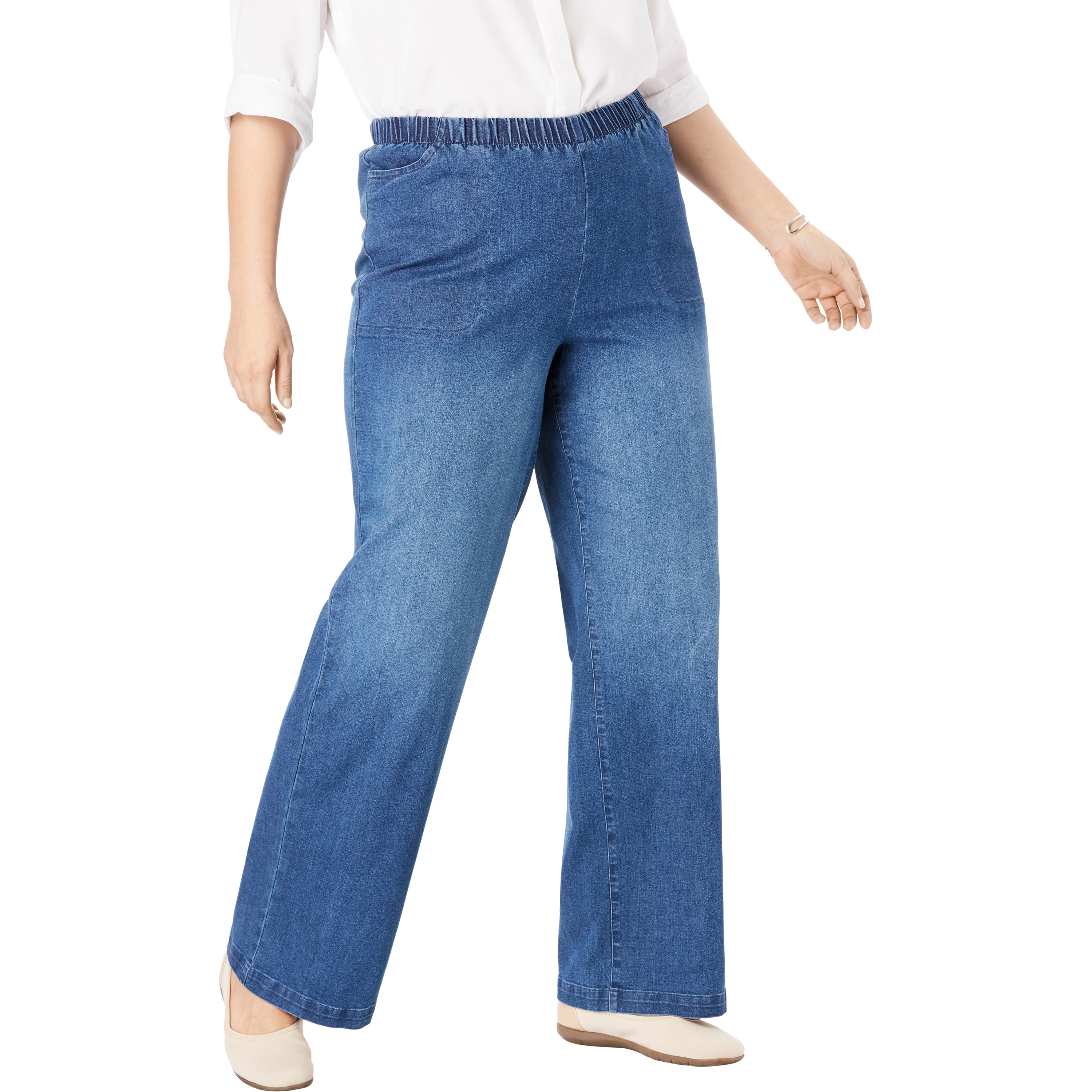 Woman Within Plus Size Fineline Stretch Denim Wide-Leg Pull-On Jeans ...
