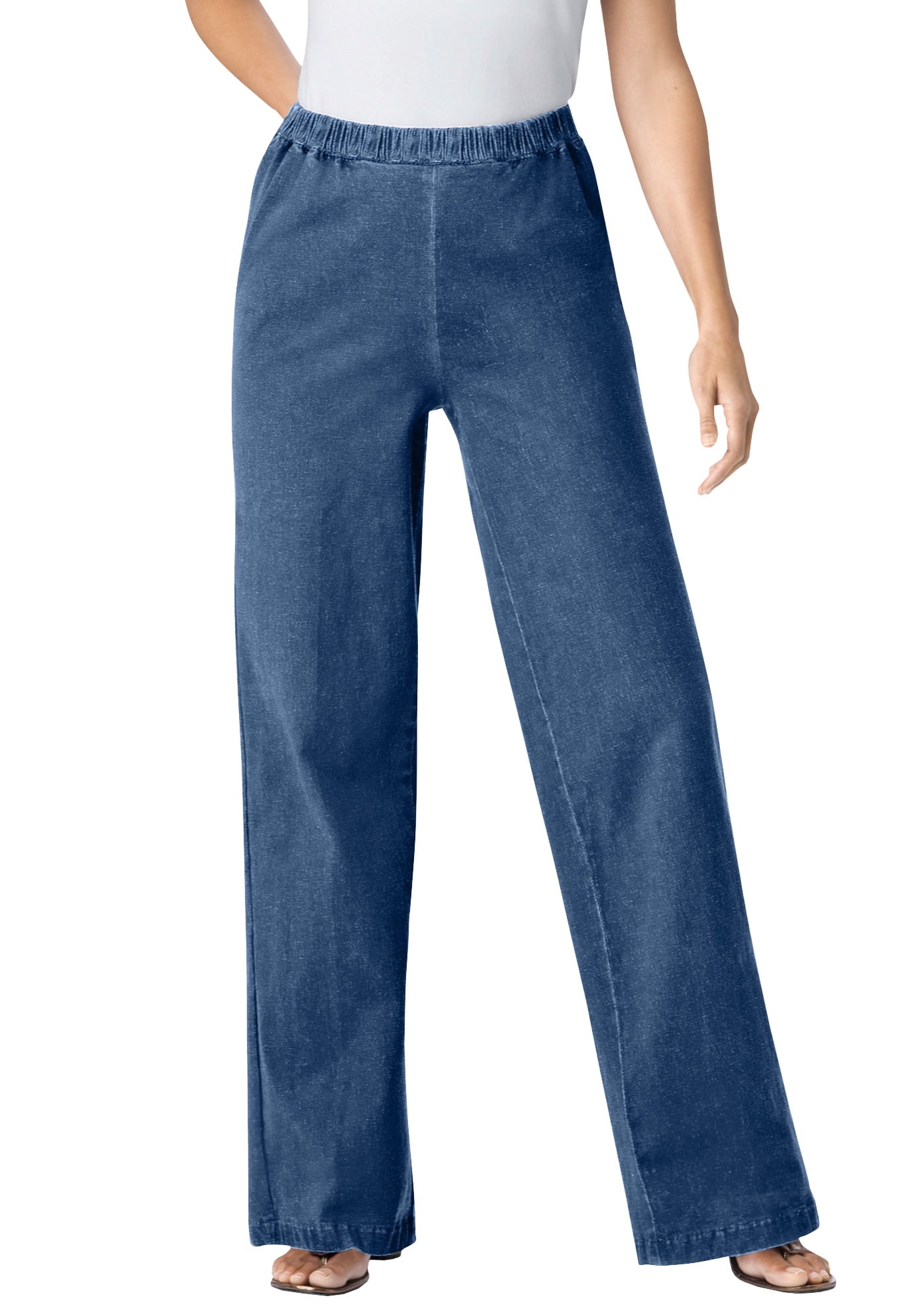 Woman Within Plus Size Fineline Stretch Denim Wide-Leg Pull-On Jeans ...