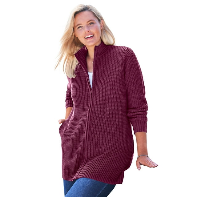 Woman Within Womens Plus Size Zip Front Shaker Cardigan Sweater