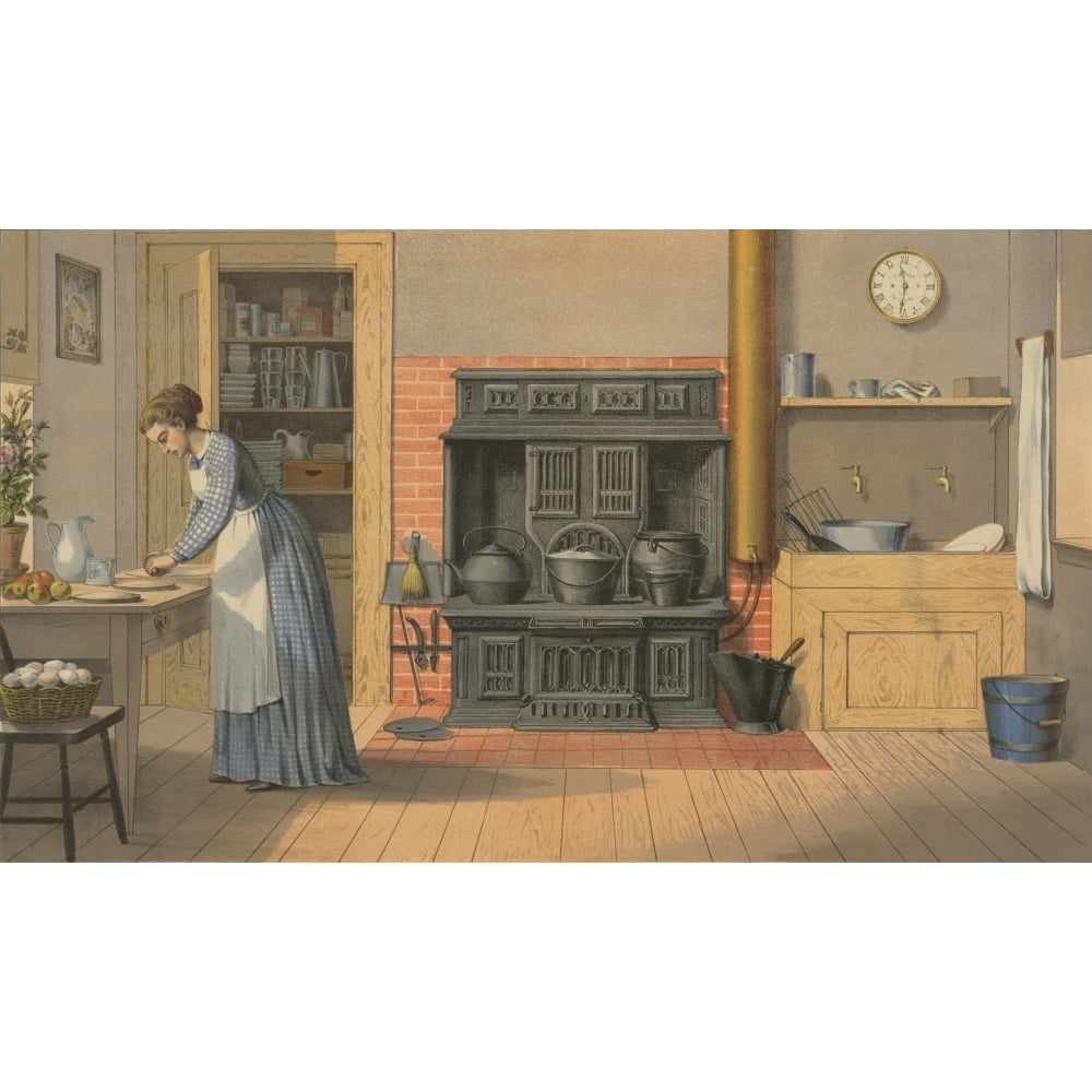 Woman Working In An Up-To-Date Kitchen Of 1875. The Cast Iron Stove ...