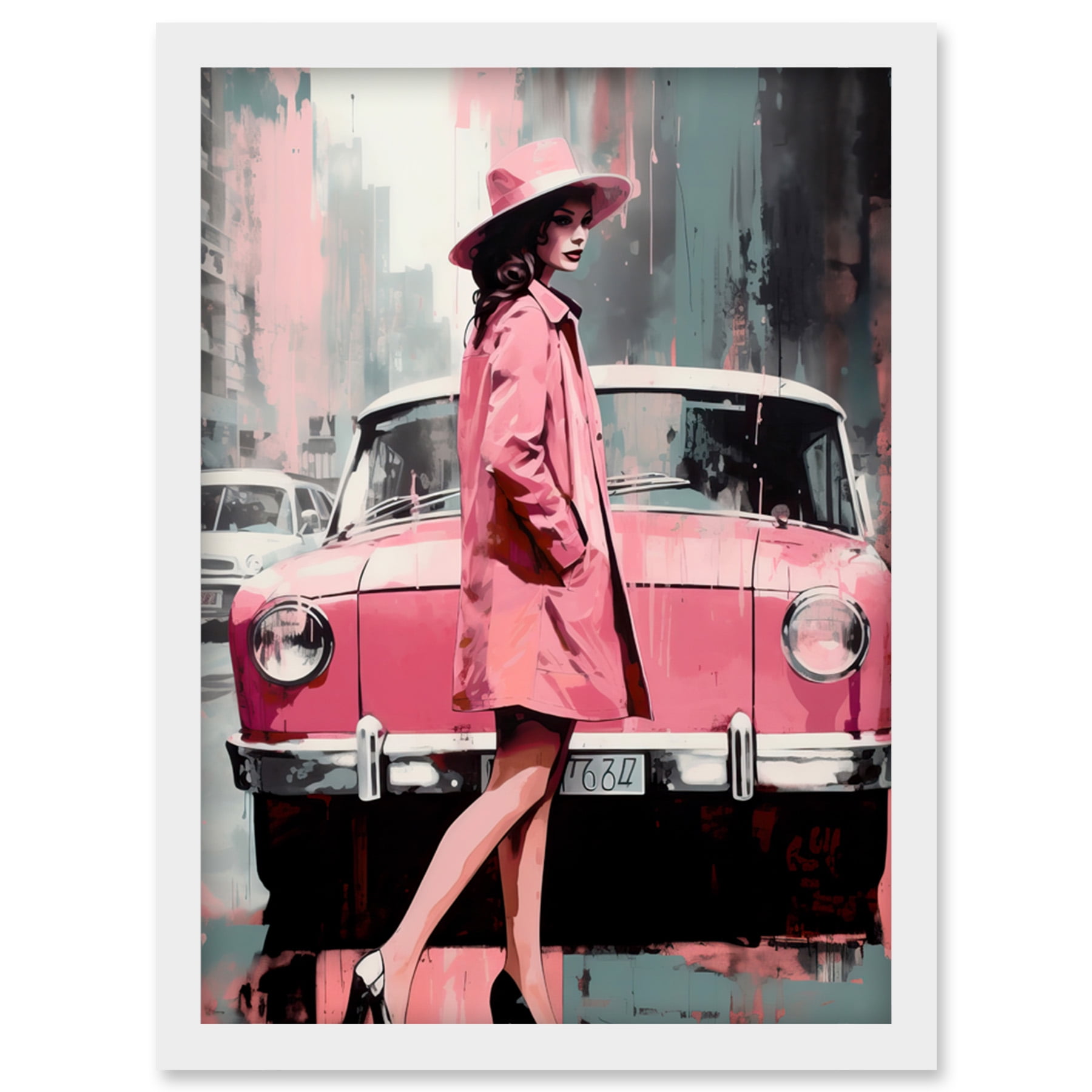 Woman and Classic Car Retro Pink Aesthetic Artwork Framed Wall Art ...
