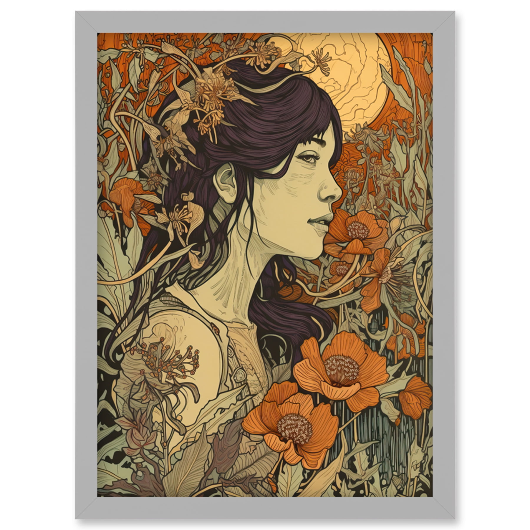 Woman in Autumn Poppy Field Linocut Illustration Artwork Framed Wall ...