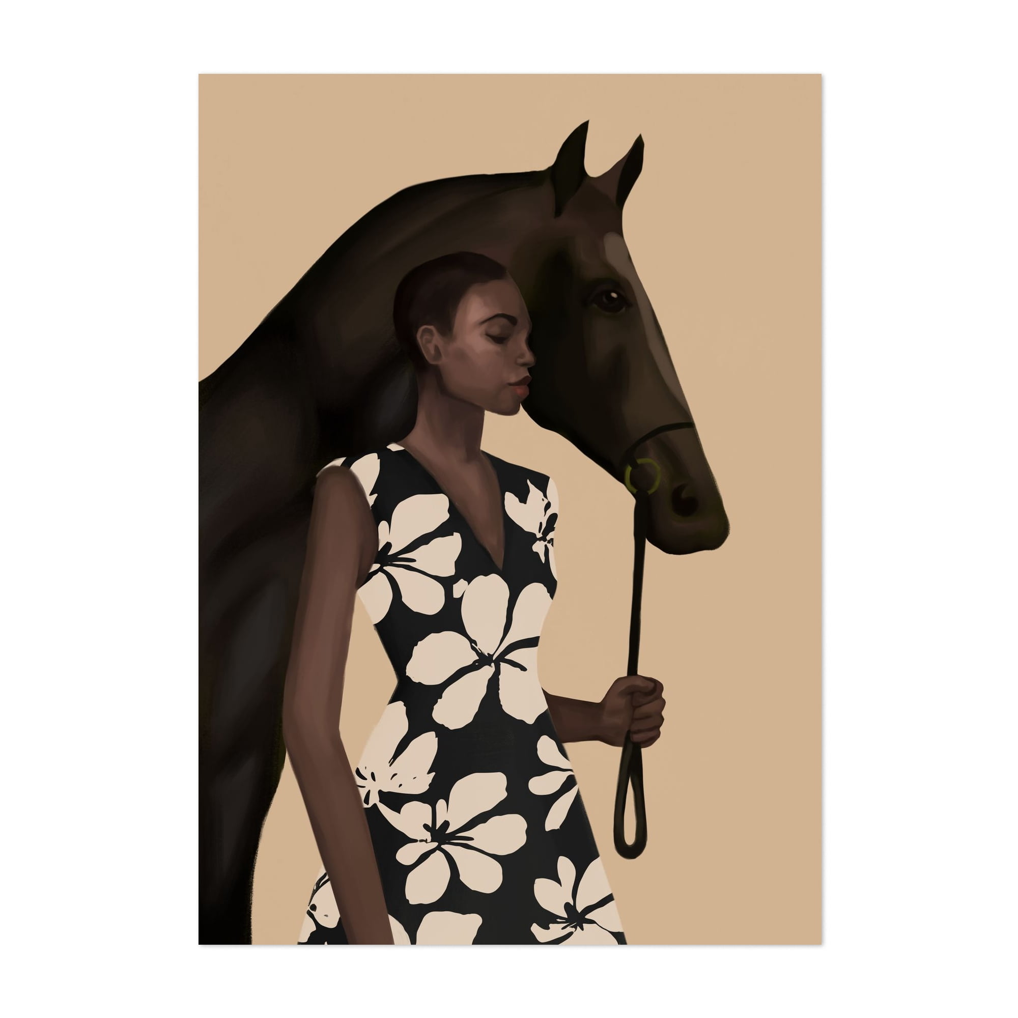 Woman in Bold Print with Black Horse - Illustration Horse Portrait ...