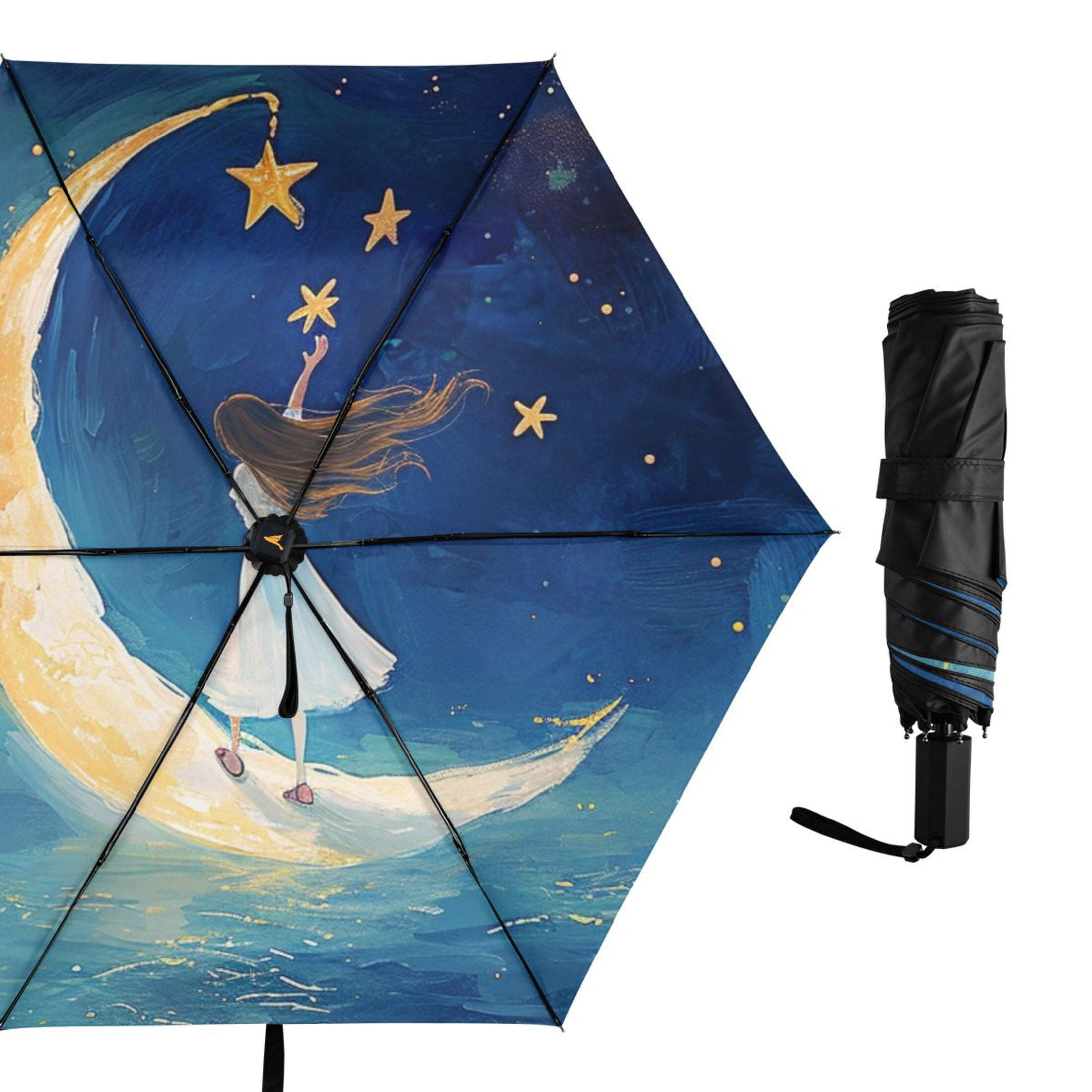 Woman on Moon Starry Night Triple Folding Umbrella Parasol 6 Ribs UV ...