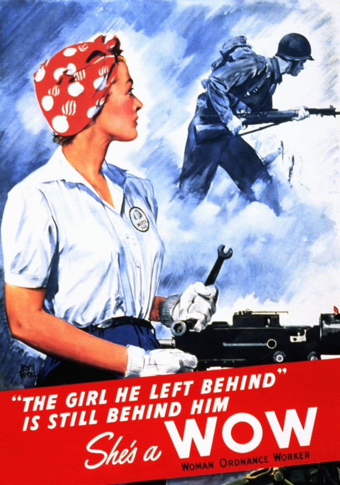 Woman ordnance worker poses with a wrench, her man is shown in uniform ...