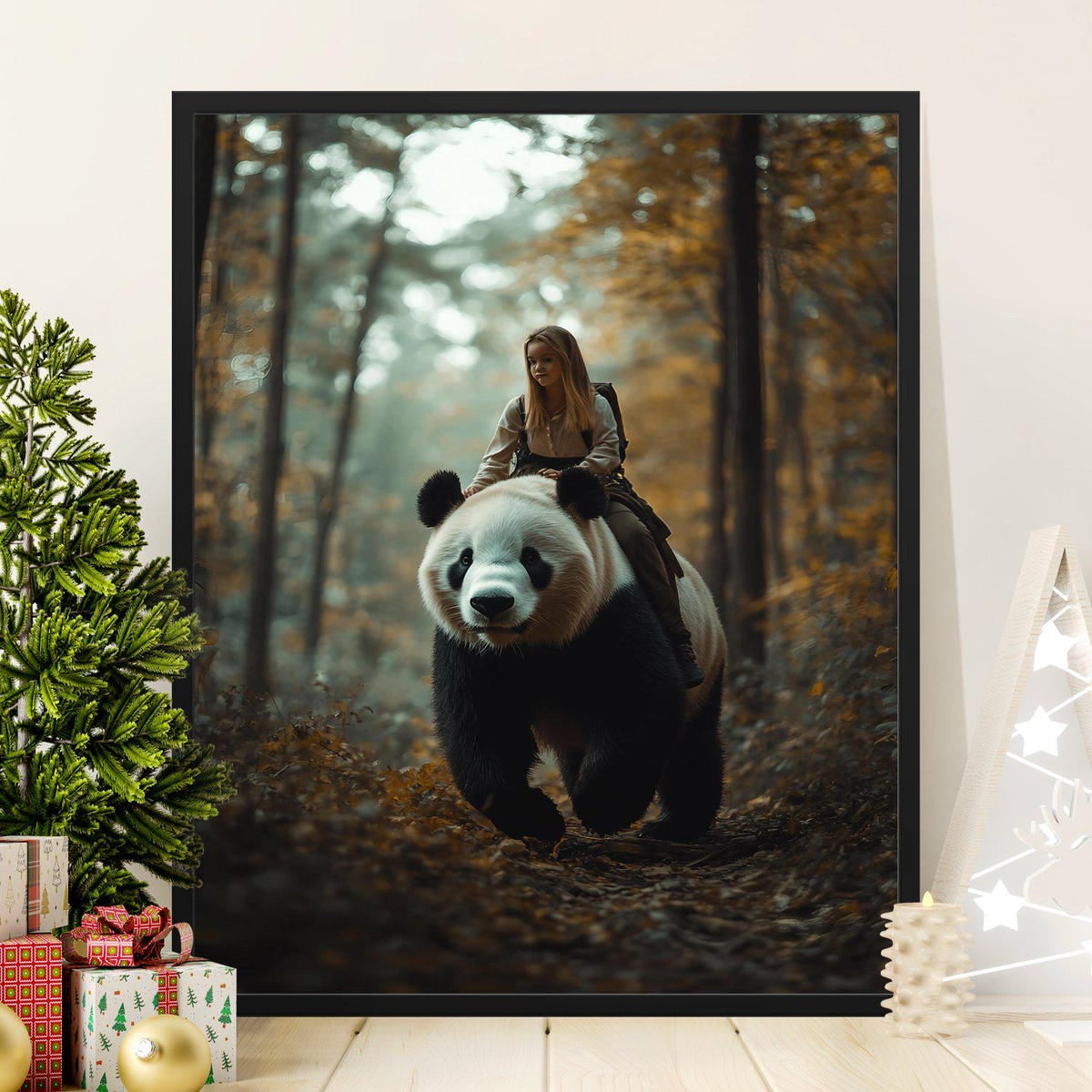 Woman riding Panda Forest Adventure Poster, Woman Riding Panda Art ...