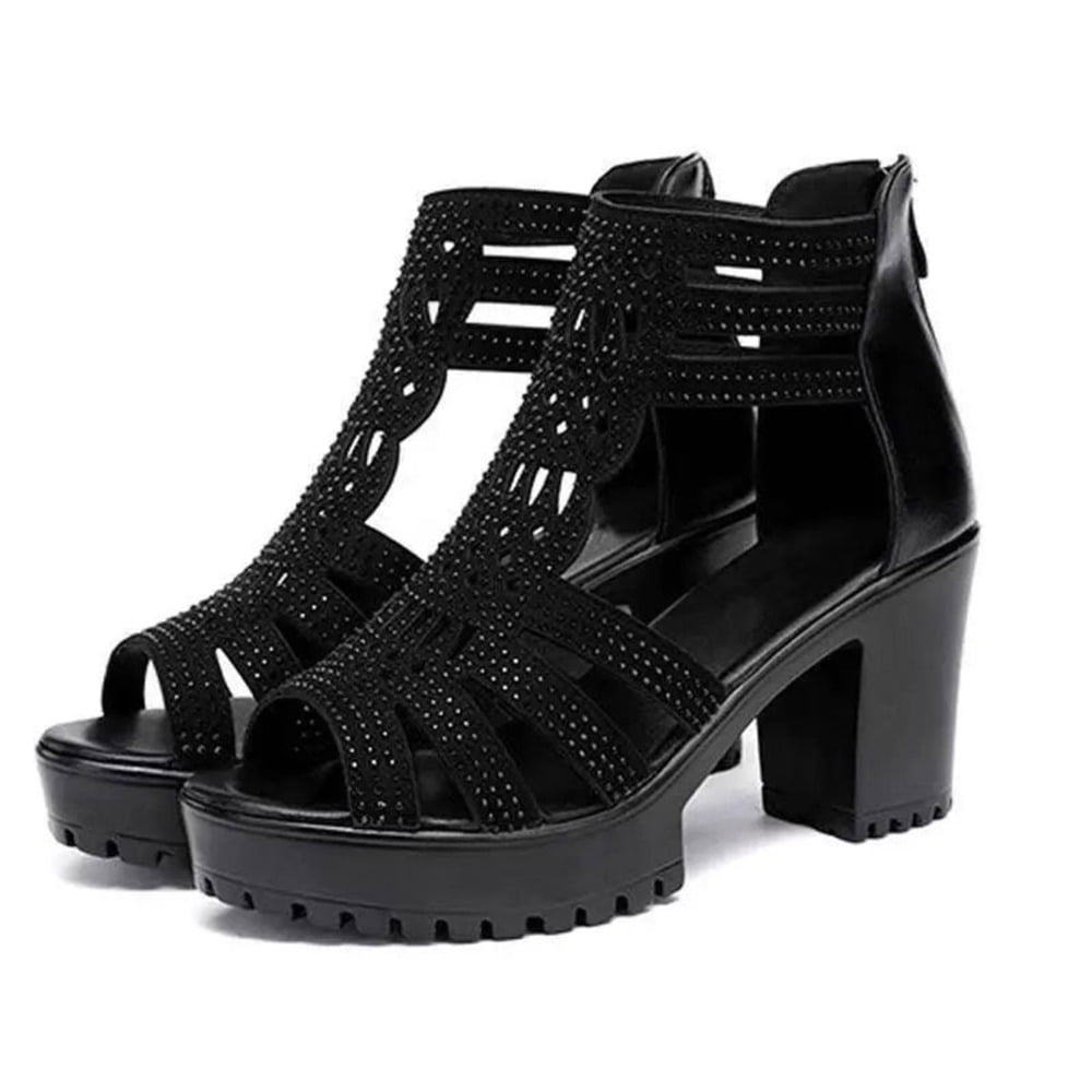 Woman's Chunky Heel Shoes with Ankle Back Zip Peep-toe Shoes for ...
