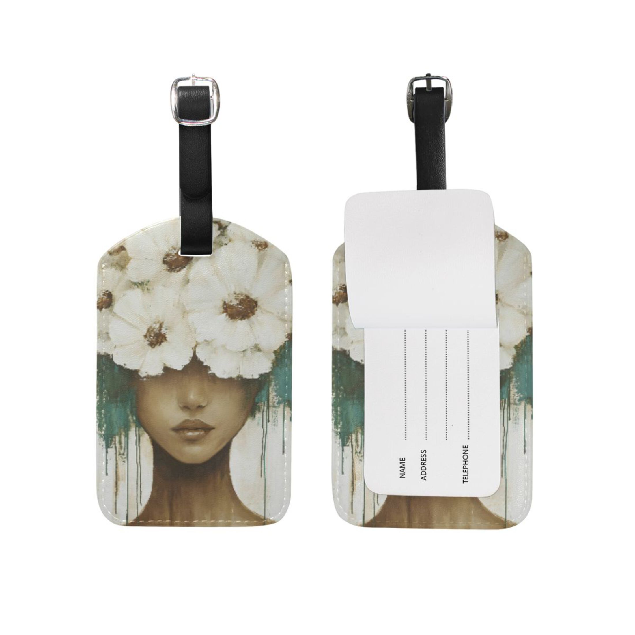 Woman with Daisy Flower Luggage Tags PU Leather Name ID Labels for ...