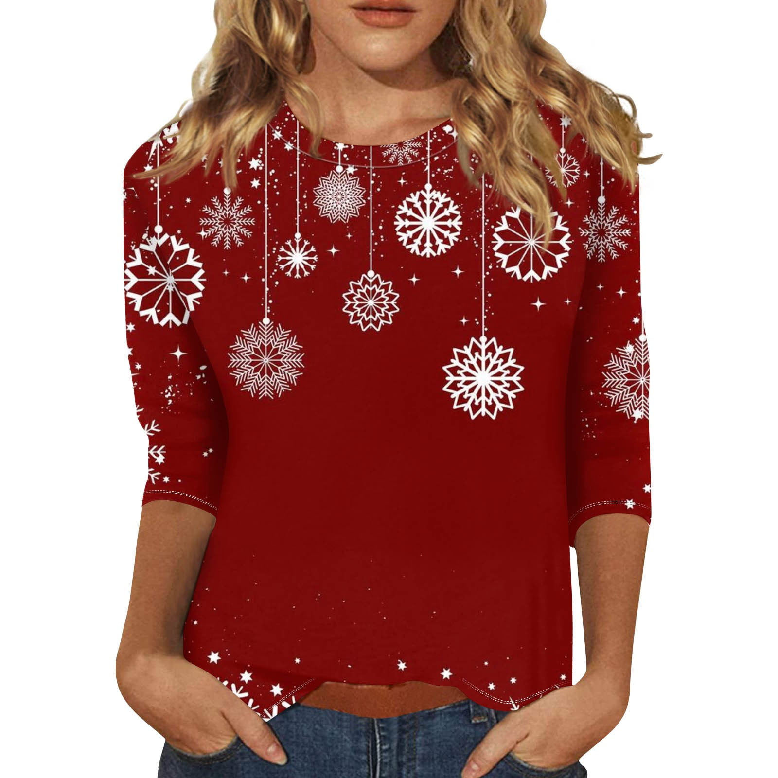 Womans Christmas Shirts 3/4 Sleeve Christmas T Shirts Party Tops Funny ...