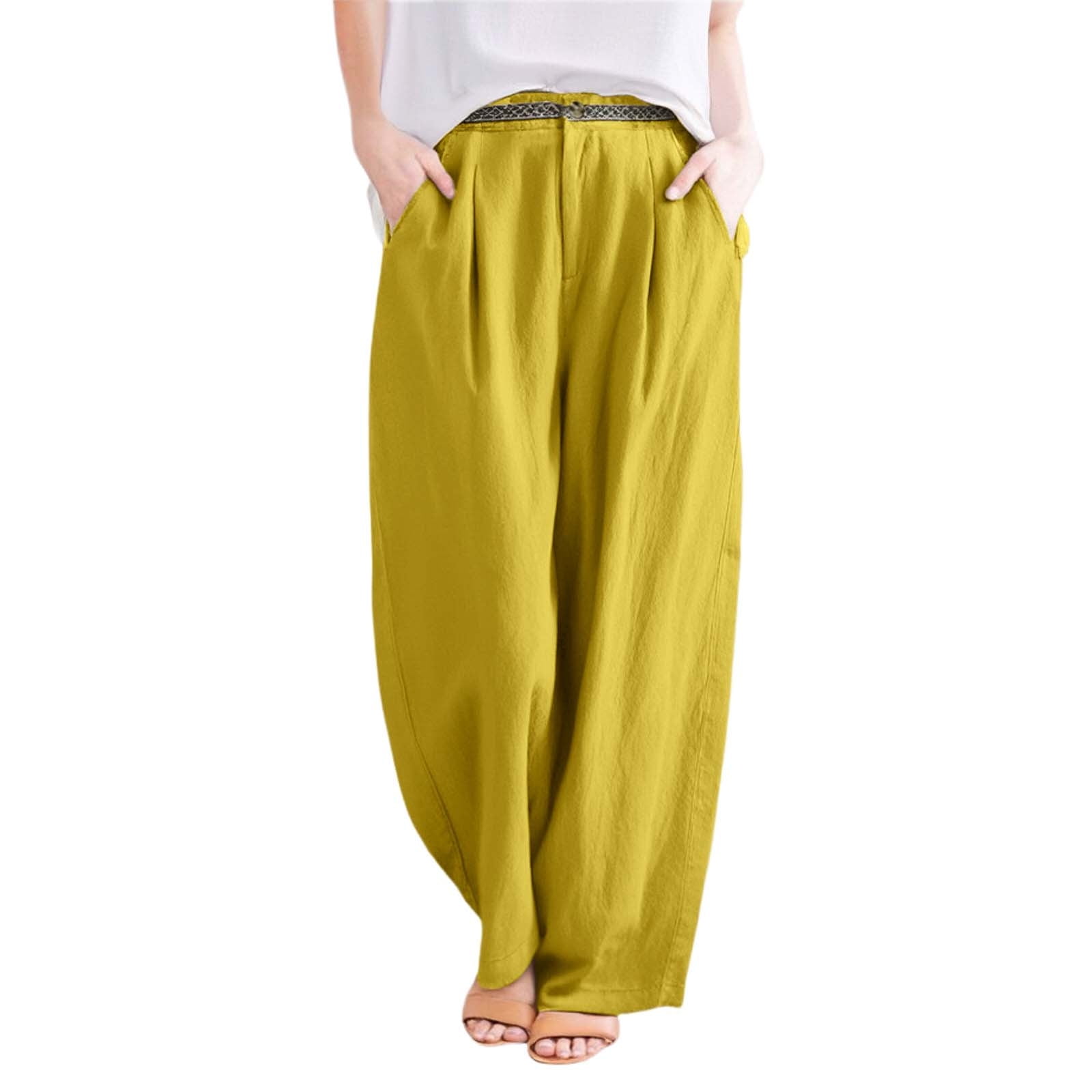 Womans Pants Straight Wide Leg Baggy Yellow Pants Women Casual Comfy ...