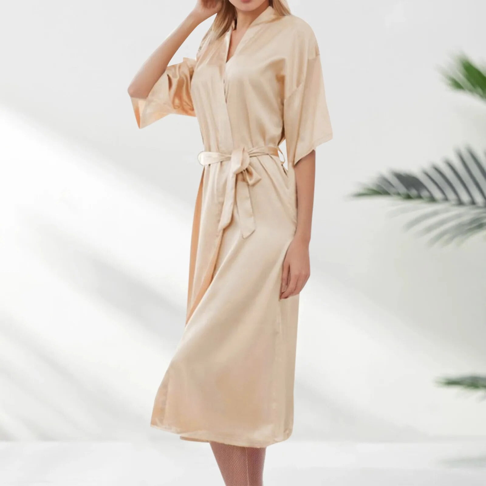 Women's Long Silky Satin Bathrobe Soft Solid Color Lace Up Bride ...